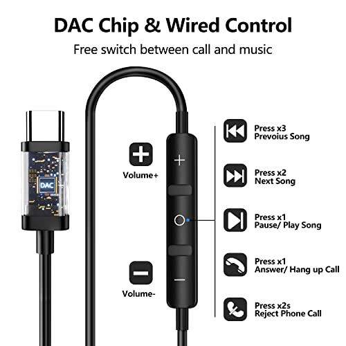 USB C Headphones for iPhone 15, YUANBAI USB C Earbuds with Microphone Noise Isolation Stereo Wired Semi in-Ear Earphones for Samsung Z Fold3 5G S21 S22 Ultra S20 FE OnePlus 9 Google Pixel 6 iPad Pro