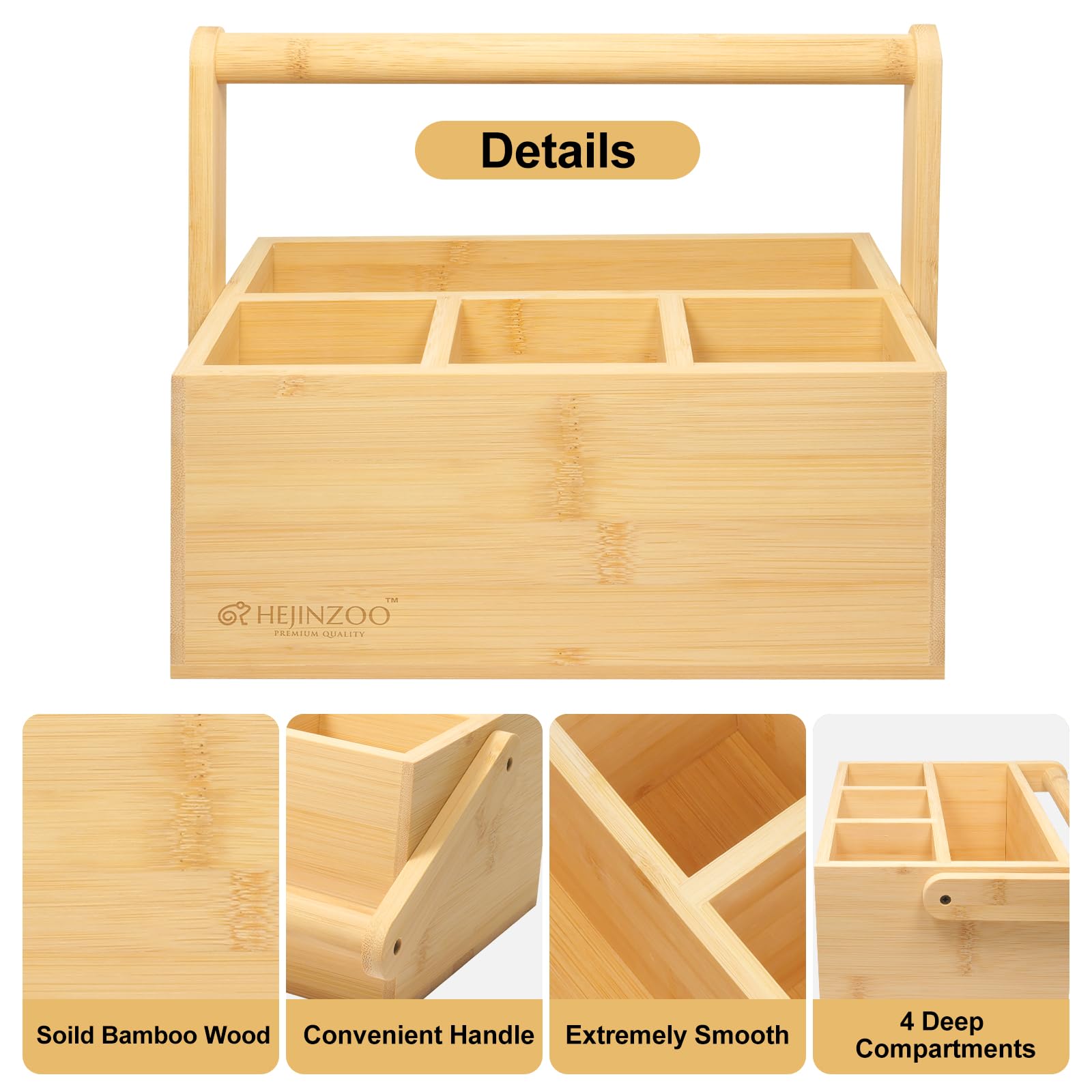 HEJINZOO Silverware Caddy with Handle, Bamboo Utensil Holder, Mulip-pose Organizer for Kitchen, Office, Bathroom, Bedroom, Organizer for condiments, flatware, office supplies, makeup tools