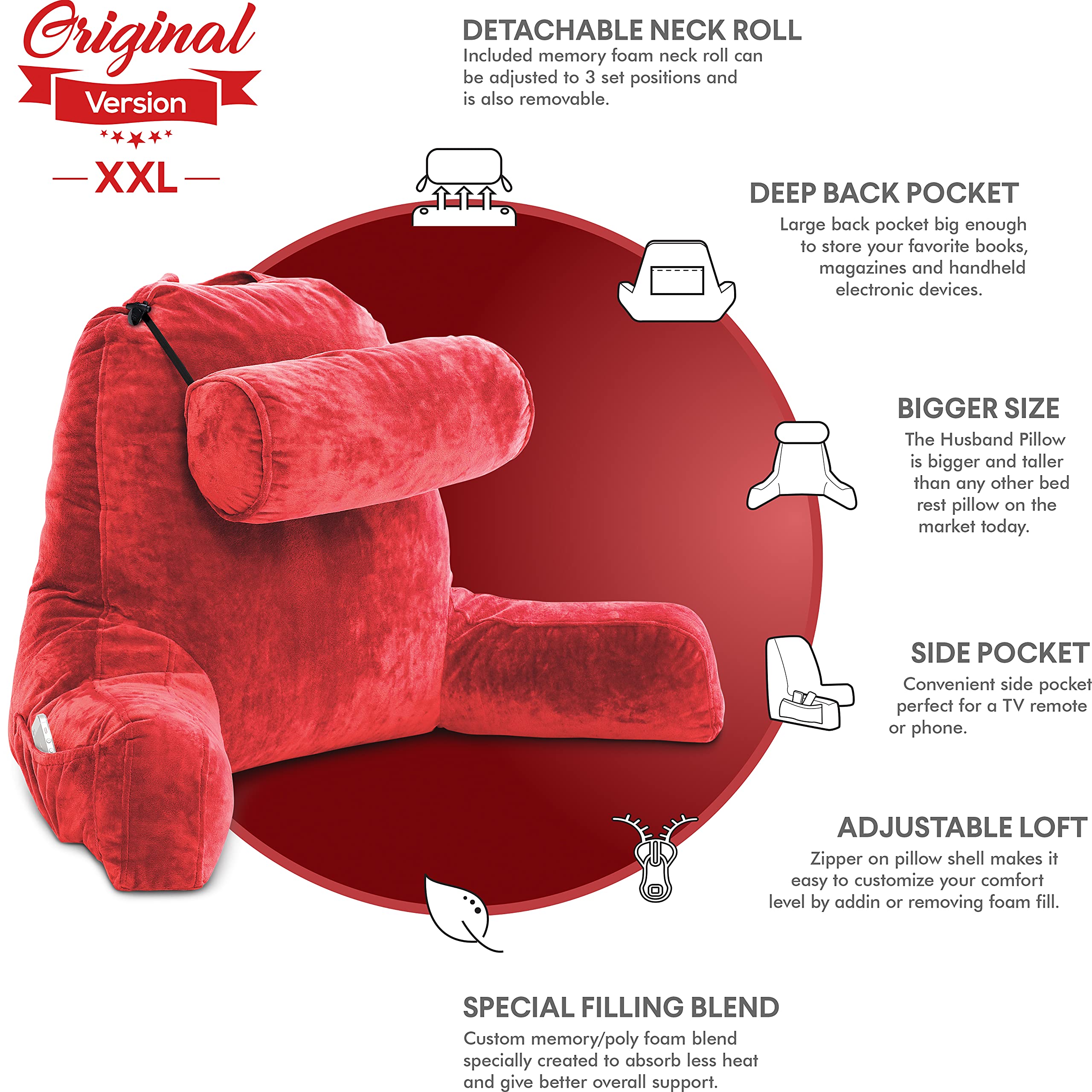 Husband Pillow Combo - Backrest Pillow with Arms : XXL Red & Lap Desk Bed Tray : Grey - Memory Foam Reading Pillows for Bed w/Removable Neck Roll & Laptop Bed Tray Table