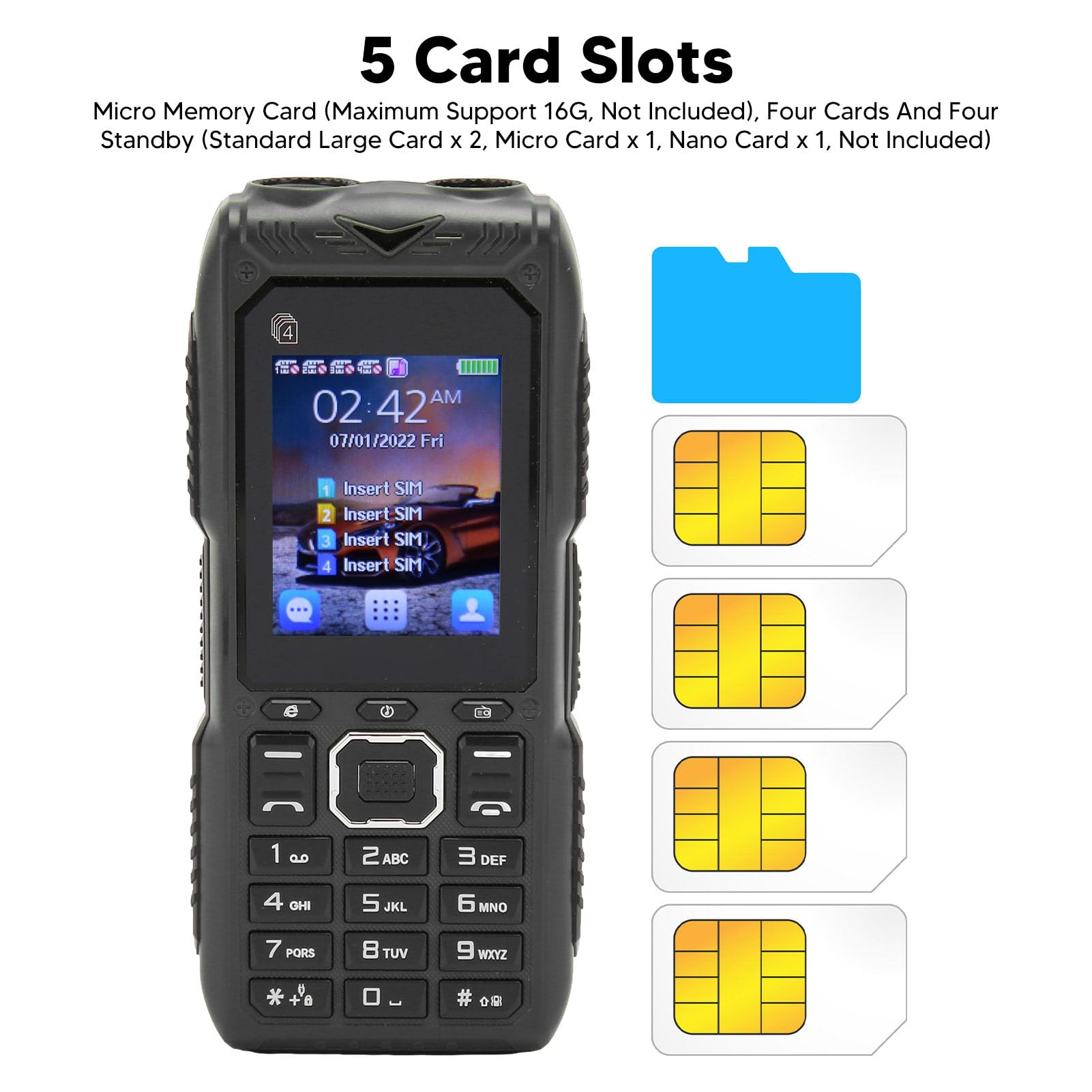 Heayzoki 2G Seniors Cell Phone, 4 SIM Card 2G Retro Phone with Detachable Antenna Pole, 2.4 Inch HD Screen, Big Loud Speaker, 10000mAh Battery, LED Flashlight (Black)