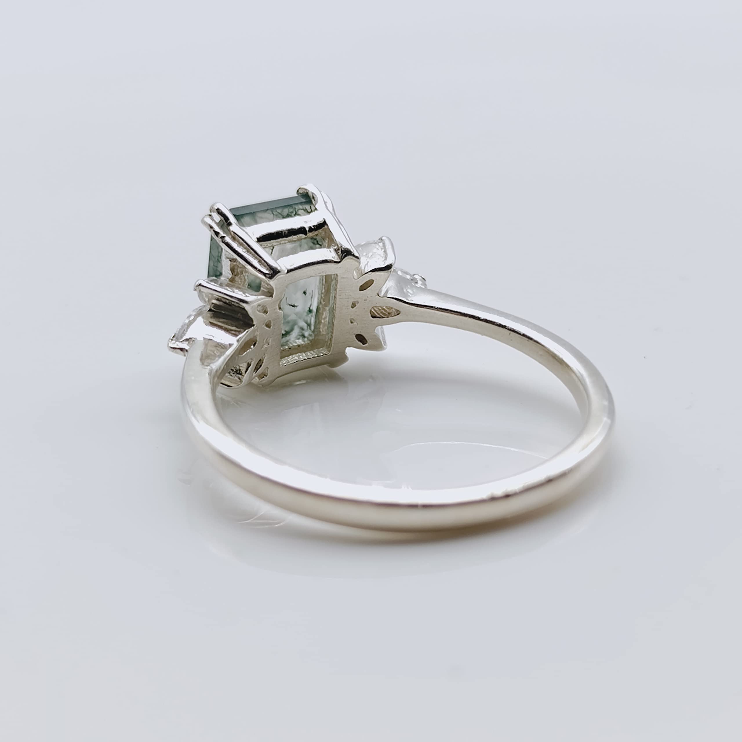 Moss Agate Engagement Ring For Women Emerald Cut Solid 14K Gold Ring-Cluster Ring-Moissanite Bridal Ring-Promise By FOREVER GEMS & JEWELS, Rose Gold,White,Green,Emerald,Silver