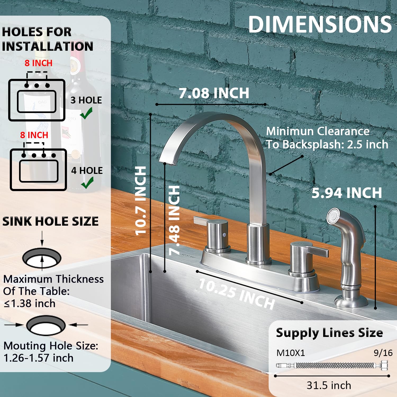 Kitchen Faucet with Sprayer,Brushed Nickel Stainless Steel Kitchen Sink Faucet with Side Sprayer,Kitchen Faucets for Sink 3 Hole,Commercial RV Laundry Utility Kitchen Faucet KMF027L-3