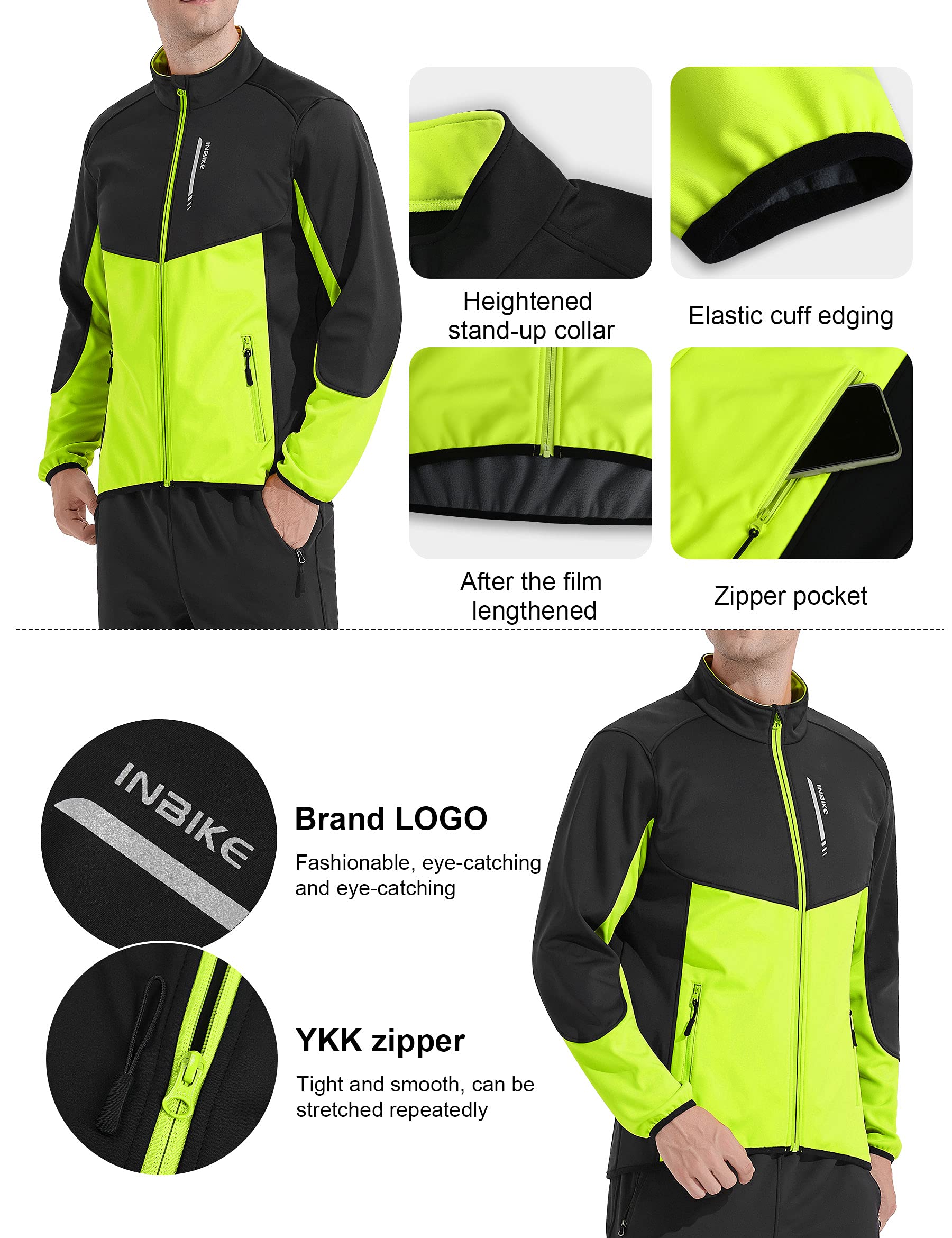 INBIKE Cycling Jackets for men Running Biking Jacket Windbreaker Thermal Windproof Reflective Cold Weather Black Green Large