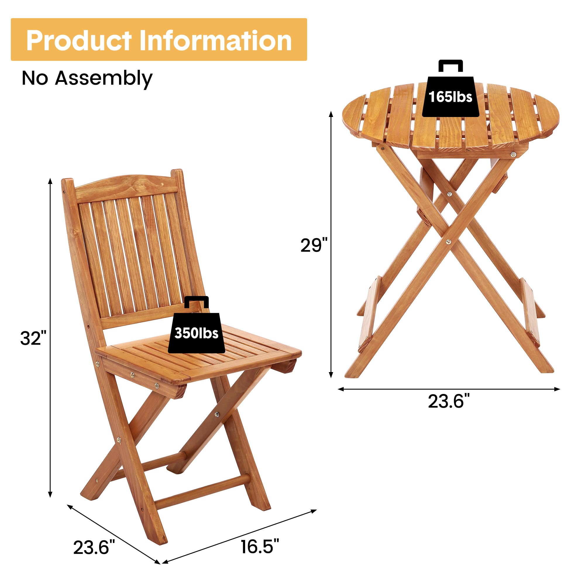 TROPOW Foldable Patio Furniture Set, Outdoor Bistro Set for 2, Wooden Table and Chairs Set, Bistro Patio Set for Poolside, Beach, Backyard, Balcony, Deck