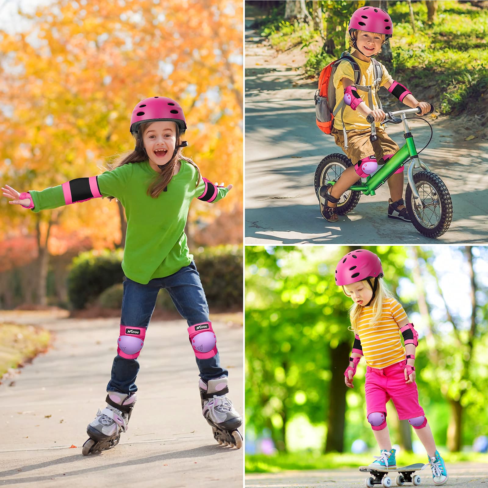 Kid's Protective Gear Set,Roller Skating Skateboard BMX Scooter Cycling Protective Gear Pads (Knee Pads+Elbow Pads+Wrist Pads+ Helmet) (Rose Red)