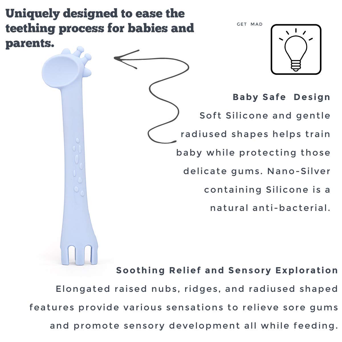 Just4Tots by MAD 3 in 1 Giraffe Silicone Safety Feeding Spoon, Fork, and Teether | Self-Soothing Giraffe Teether for Babies, Infants, Toddlers, Girls or Boys | BPA Free | 0-36 Months (Pastel Blue)