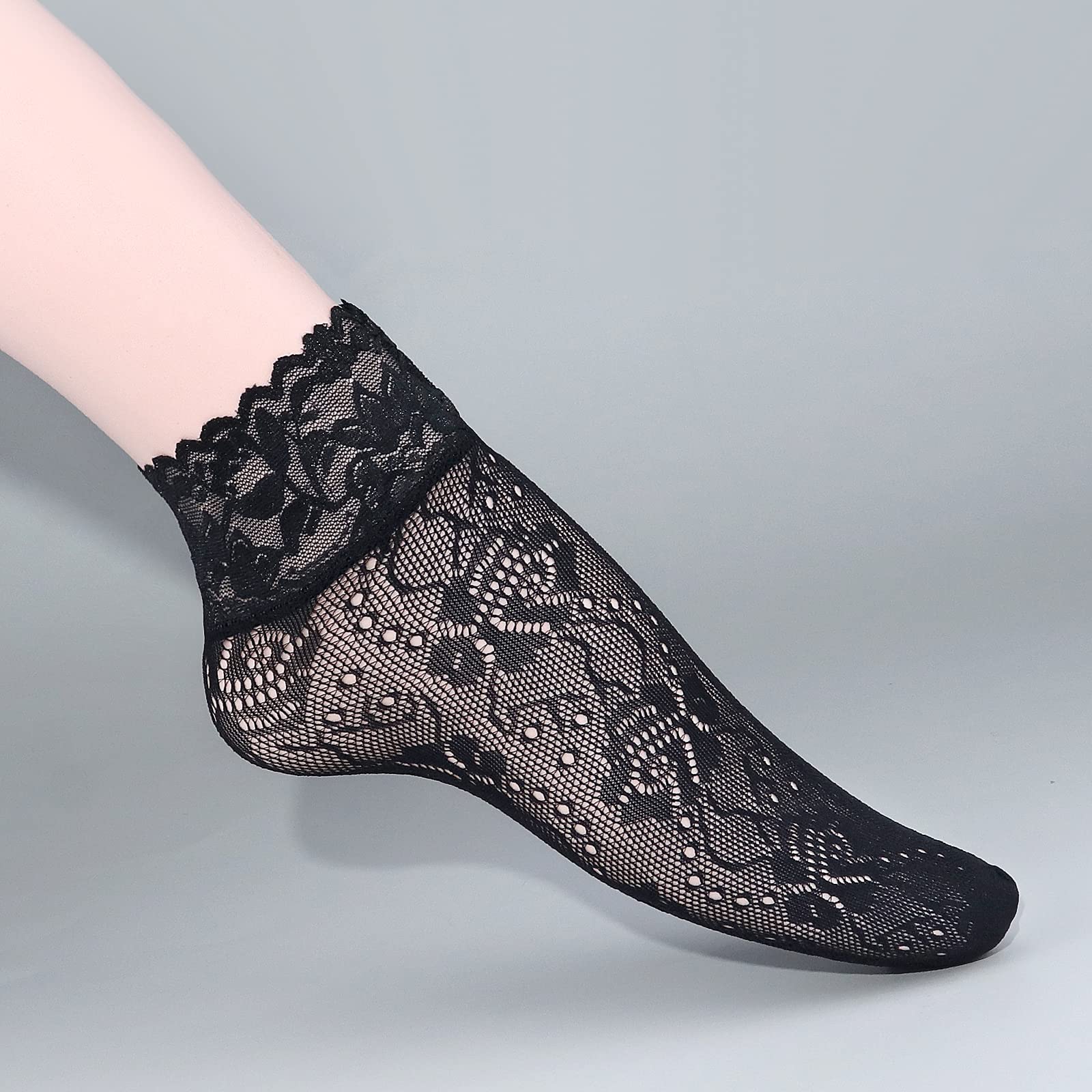 Lamdgbway 6 Pairs Women Lace Ankle Socks Fishnet Short Stockings Black 5