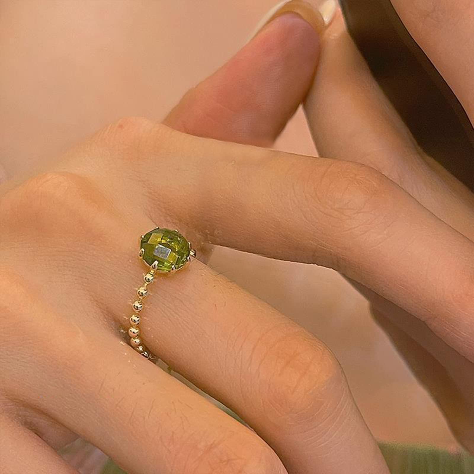 Otxas Adjustable Chain Ring Cute Green Crystal Moonstone Ring Handmade Designed for Gout People Ring Aesthetic (green crystal)