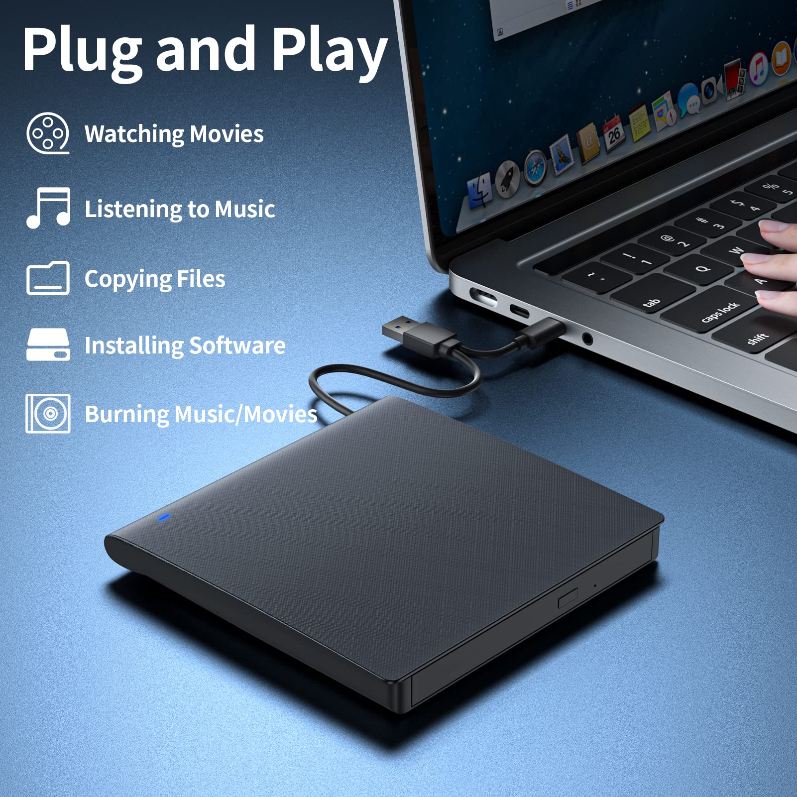 OOCLCURFUL External CD/DVD Drive for Laptop, USB 3.0 Type-C Portable CD/DVD Optical Drive Player Reader Writer CD Burner, Compatible with Laptop Desktop PC MacBook Mac Windows Linux OS (Jet Black)