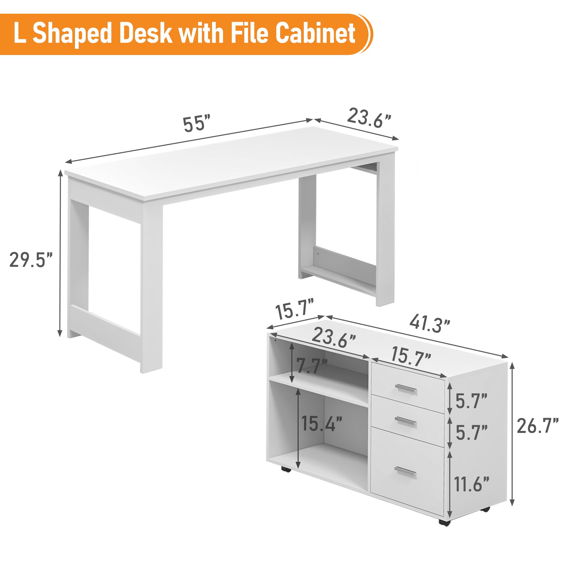 IdeaKey White L Shaped Desk with Drawers, Corner Desk with 3 Drawers and 2 Open Shelves, Computer Desk with Storage File Cabinet, Executive Desk for Home Office Workstation, Bedroom, 55 inch