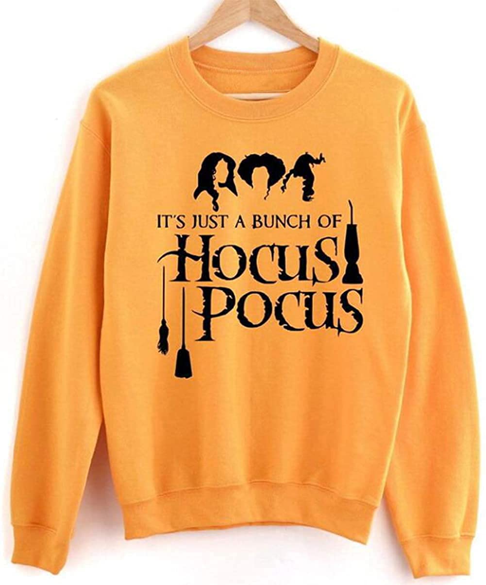 KIDDAD It's Just A Bunch of Hocus Pocus T-Shirt Women Halloween Sanderson Sisters Long Sleeve Crewneck Casual Pullover Tops Yellow