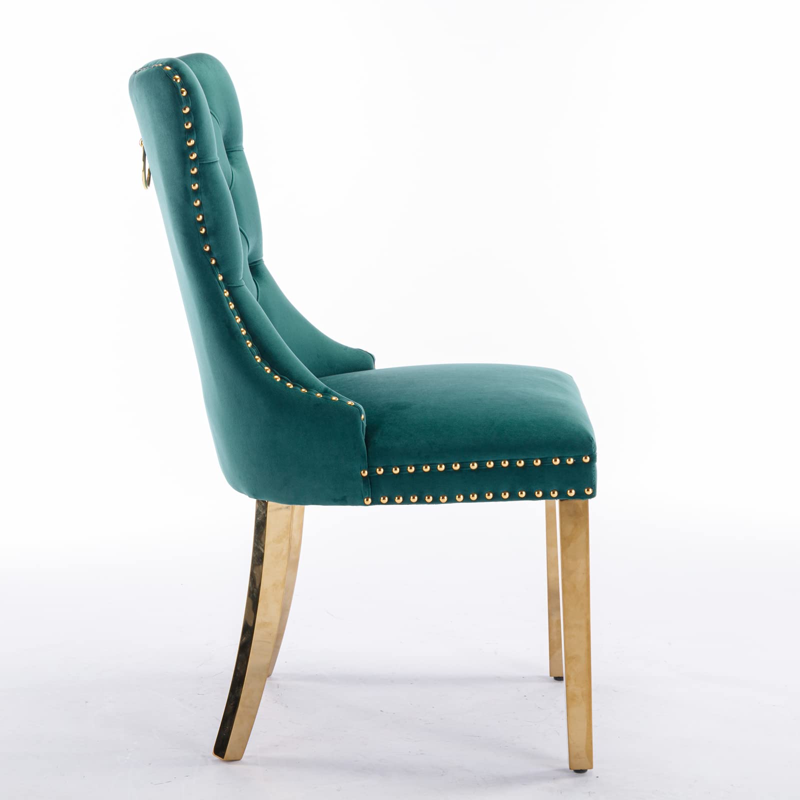 i-POOK Velvet Upholstered Dining Chairs Set of 2, High-end Tufted Wingback Dining Room Chairs with Ring Pull, Nailhead Trim and Gold Metal Legs, Luxury Dining Chairs for Living Room Kitchen, Green