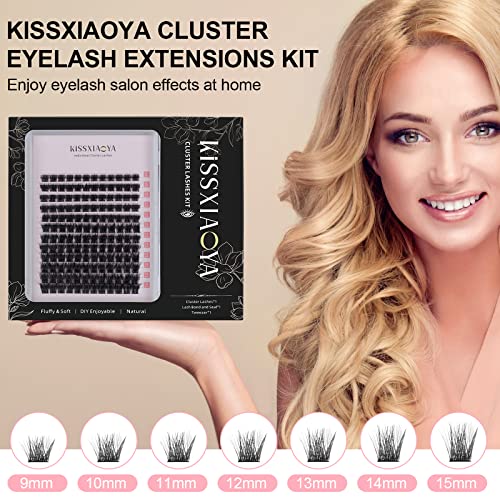 KISSXIAOYA Cluster Eyelash Extensions Kit, DIY Lashes Extension Kit with Lash Bond & Seal and Applicator, 144 Pcs 0.10mm 56D 9-15mm Mixed Wide-stem Lash, Individual at Home (Cluster Kit)