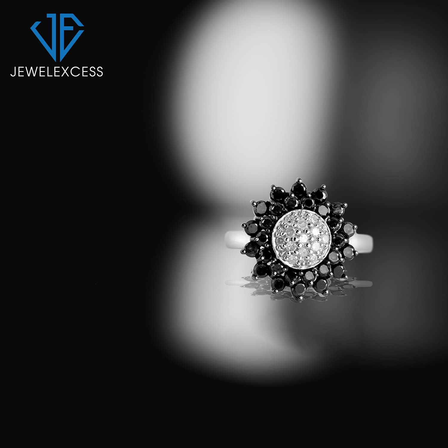 JEWELEXCESS 1.00 Carat T.W. Round cut Black & White Diamond SunFlower Sterling Silver Ring