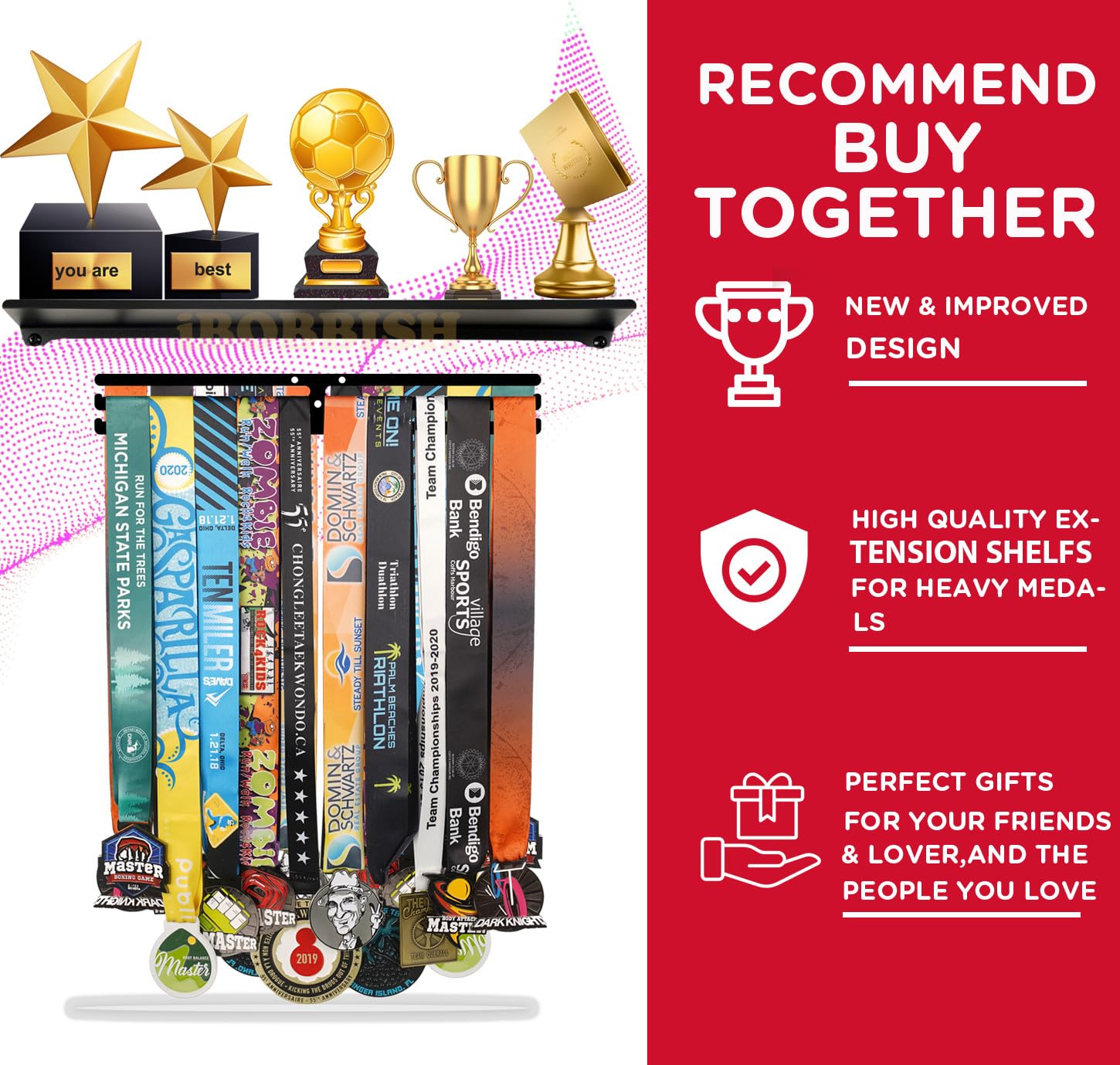iBobbish Sports Marathon Medal Display hanger Holder Racks Frame in matt black surface Wall Mount Over 40 Medals Upgraded 3 lines with 3 screws Easy to Install Easy to use
