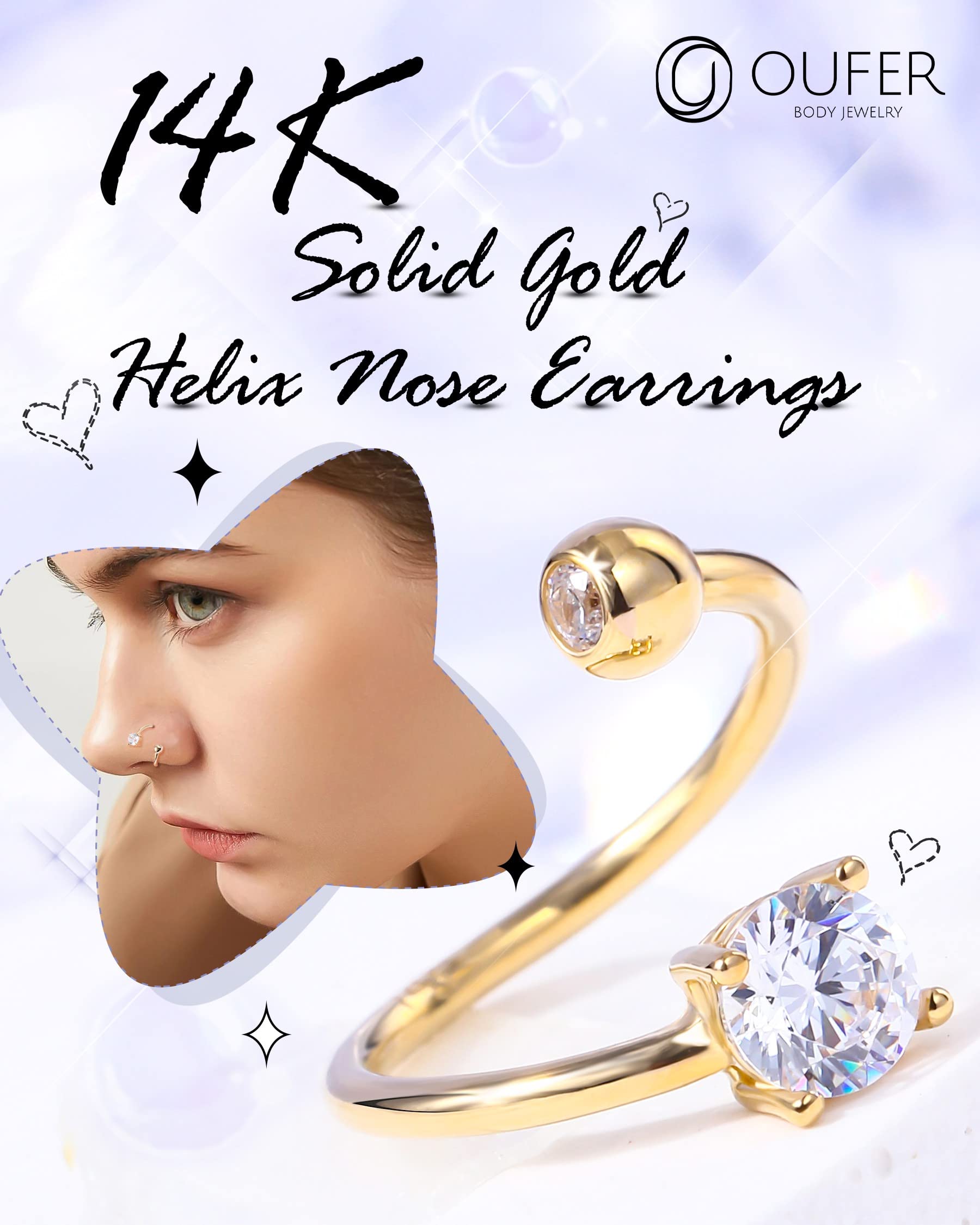 OUFER 16G Twist Helix Earring, 14K Solid Gold Round Shaped Clear CZ Twist Lip Ring, Labret Conch Rook Upper Lobe Piercing Jewelry For Women And Men