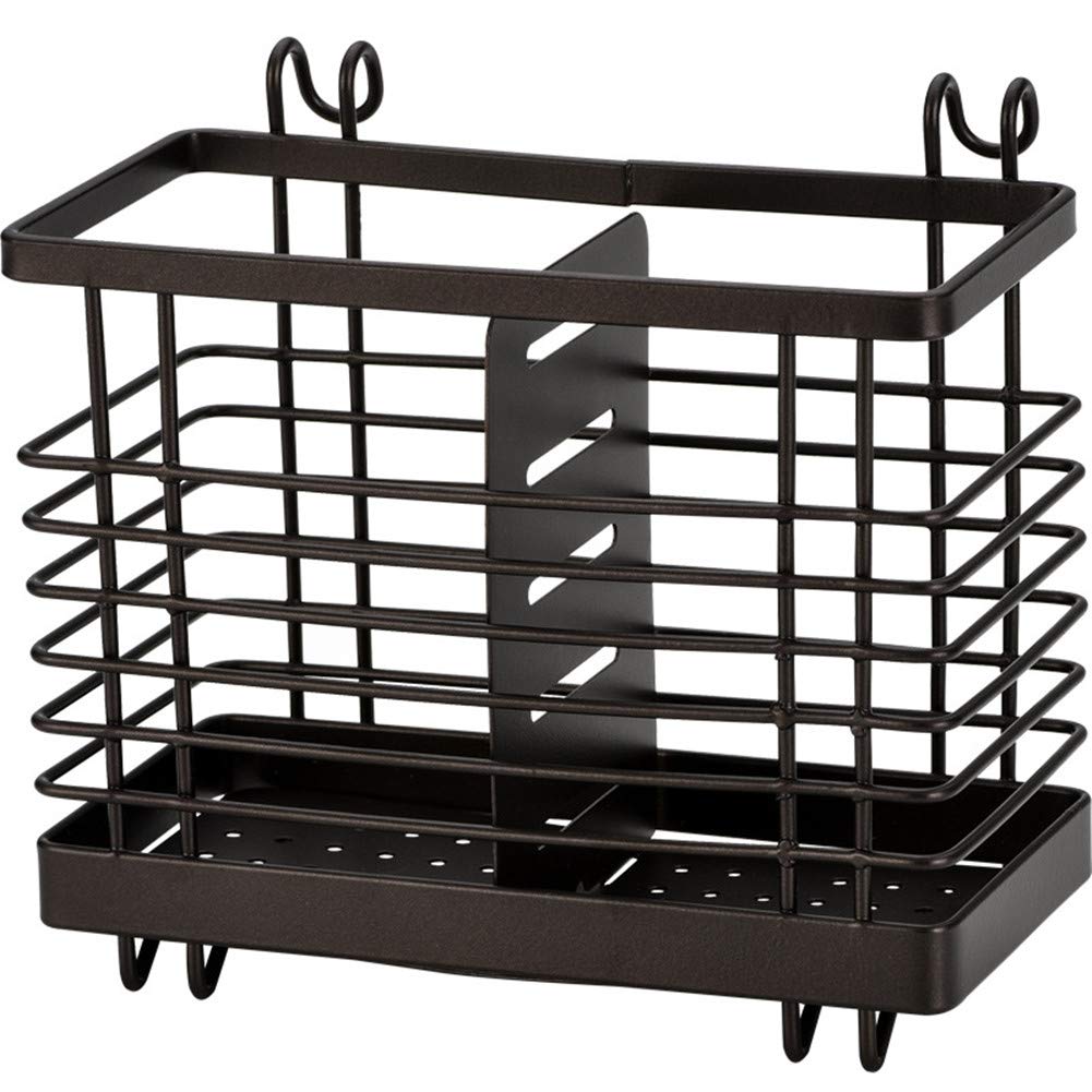 LLygezze Hanging Metal Mesh Utensil Drying Rack, 2 Compartments Draining Basket for Chopsticks Spoon Fork Knife Holder (Coffee)