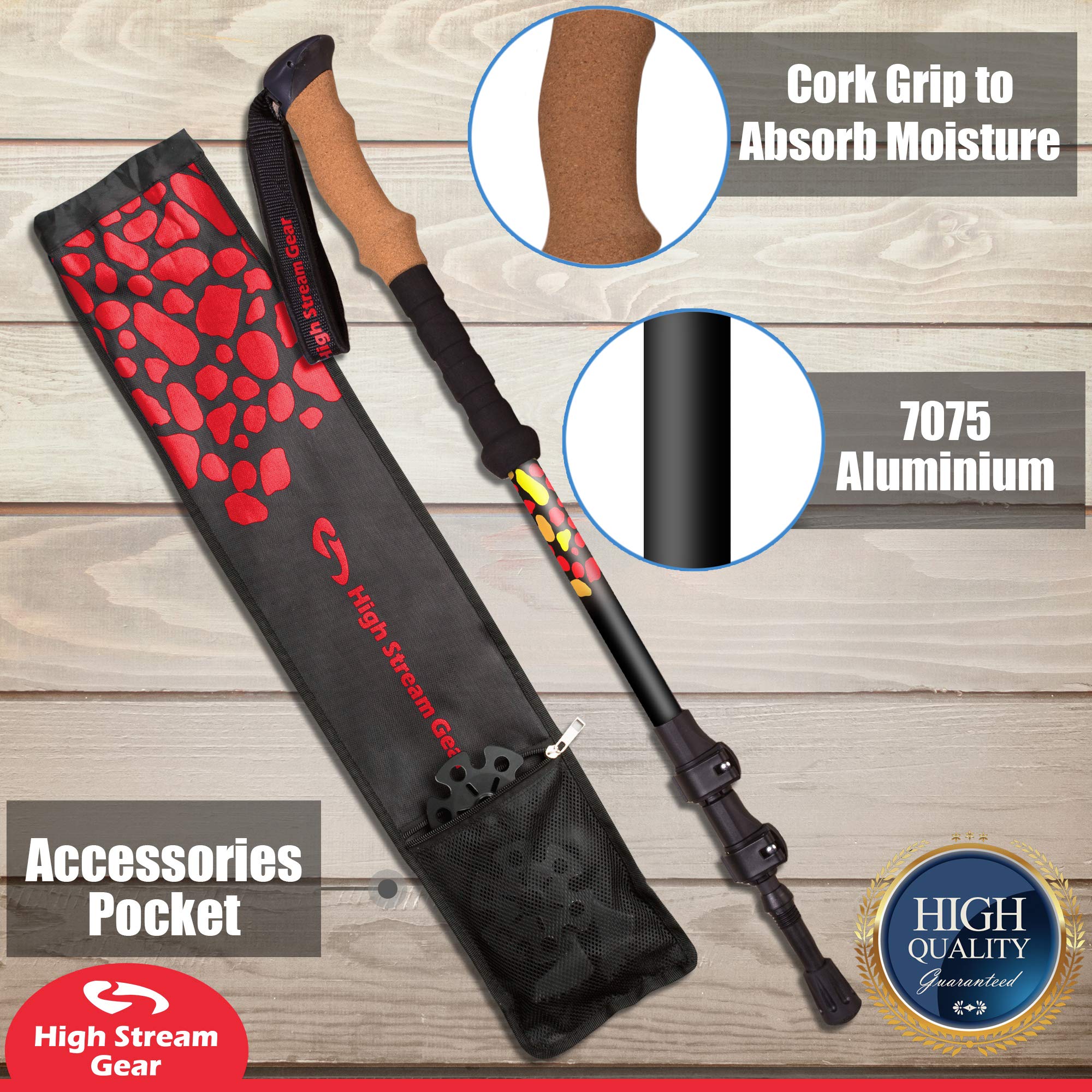 High Stream Gear Trekking Poles Real Cork Grip Handles - Ultra-Lightweight – Telescopic Compact Hiking Poles Includes Essentials Accessories for Walking and Backpacking (Aluminum 7075, Red)