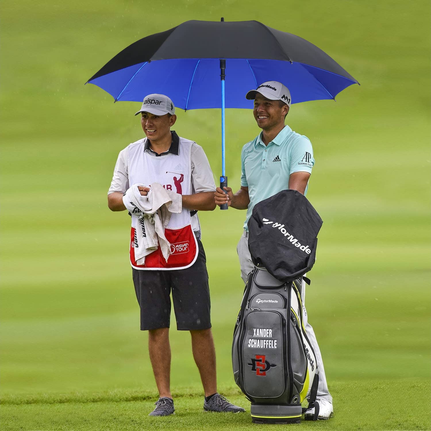 Leanking Golf Umbrella 55 Inch Automatic Open Extra Large Oversize UV Protection Double Canopy Vented Sun Rain Windproof Waterproof Stick Umbrellas for Women Men Family (Black Blue)