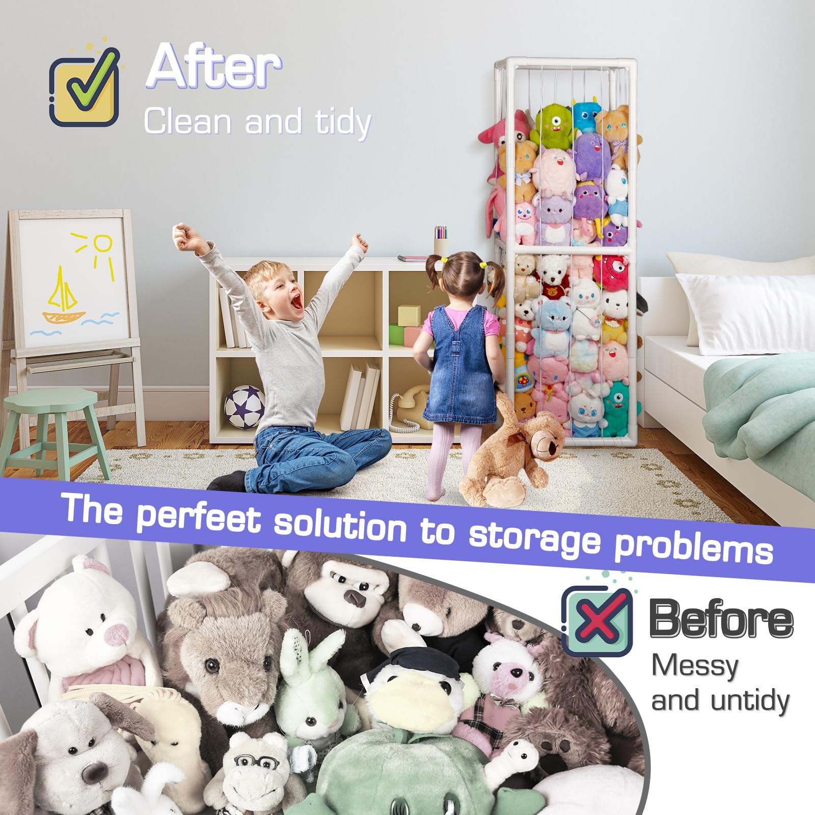Trycooling Stuffed Animal Storage Zoo Stuffed Animal Holder Space Save Vertical Stuffed Animals Storage PVC with Elastic Band and Net for Playroom Bedroom Nursery (White 1)