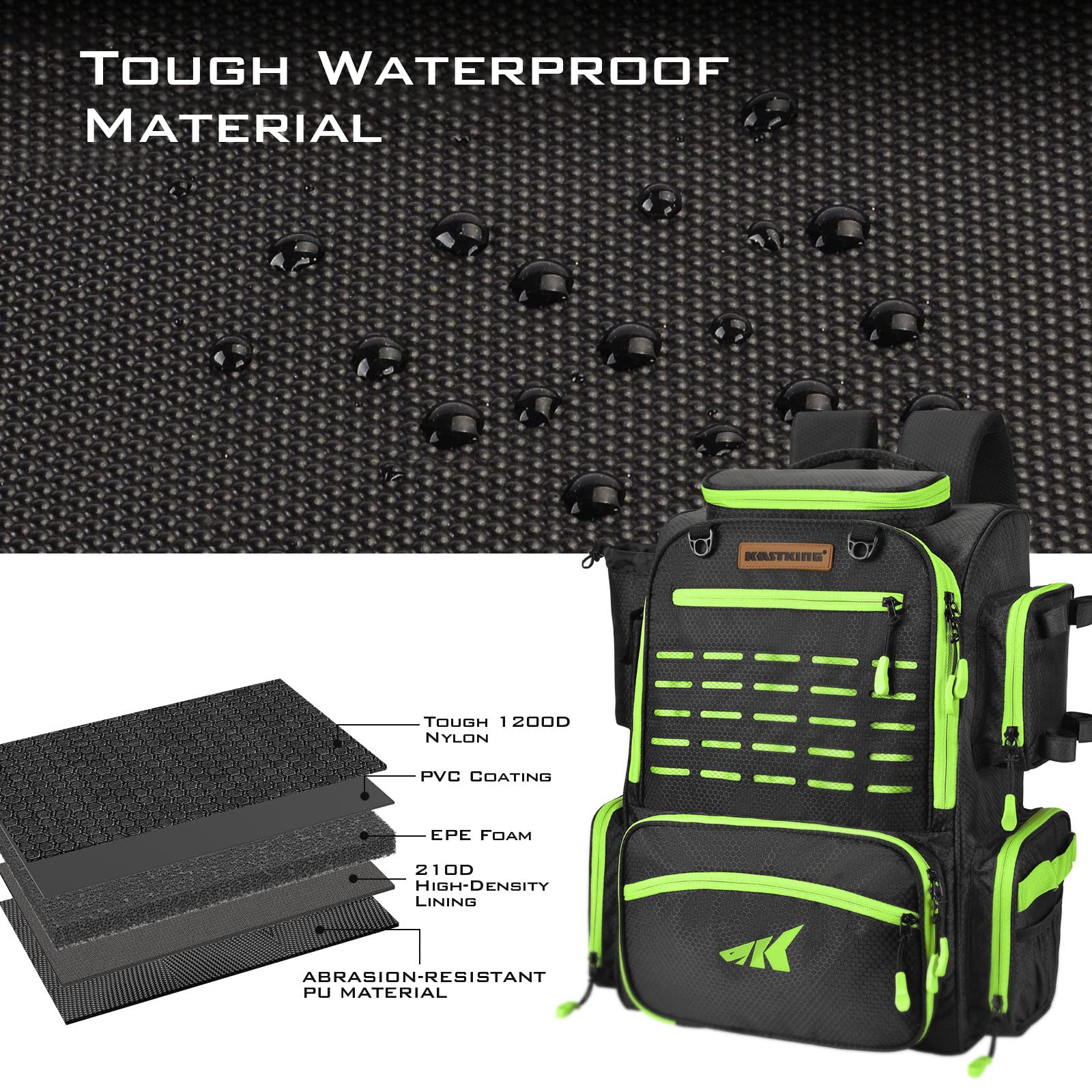 KastKing Bait Boss Fishing Tackle Backpack with Rod Holders-4 Tackle Boxes-Rain Cover,43L Large Storage for Fishing Gear,Green