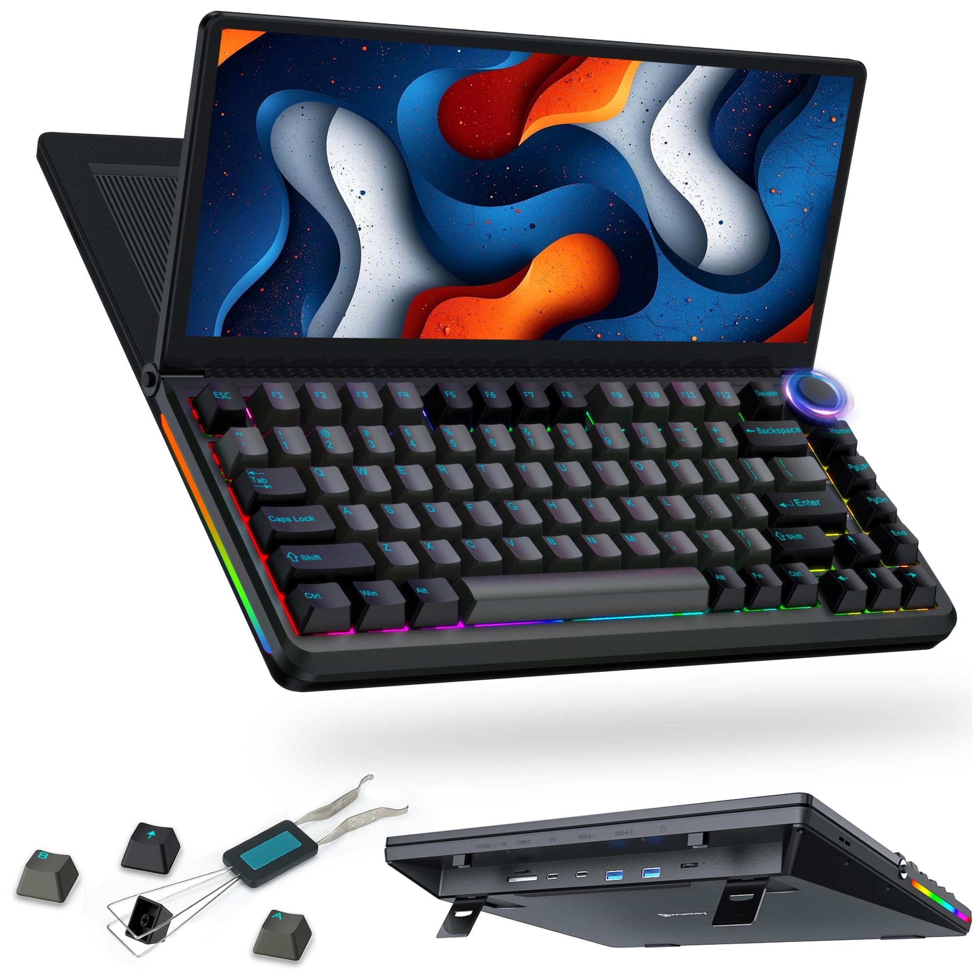 Kwumsy K3 Touchscreen Gaming Mechanical Keyboard - 82 Keys Portable USB Wired RGB LED Backlit N-Key Compact Keyboard, Keyboard With 13" Foldable 0-90 Degree Portable Screen, Plug and Play for Wins Mac