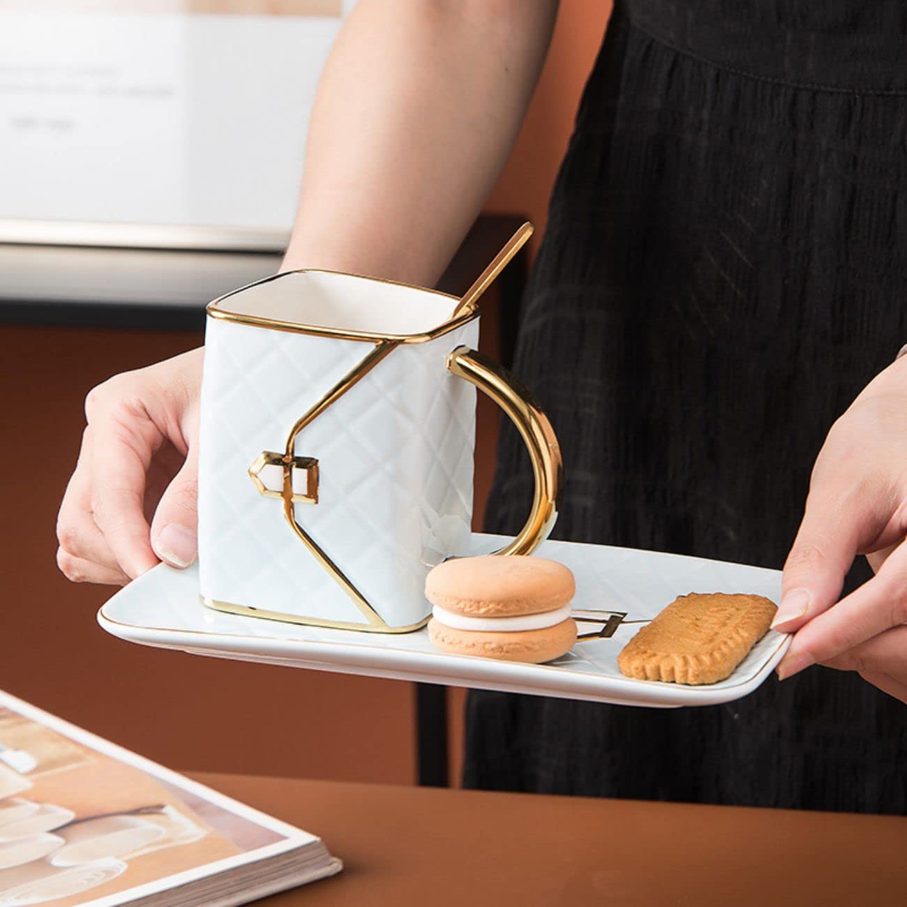 LmlJoo Creative and Adorable Handbag-Shaped Mug with Saucer Cup and Golden Spoon for Enjoying Tea, Juice, Milk, Hot Chocolate or Cappuccino (Blue)