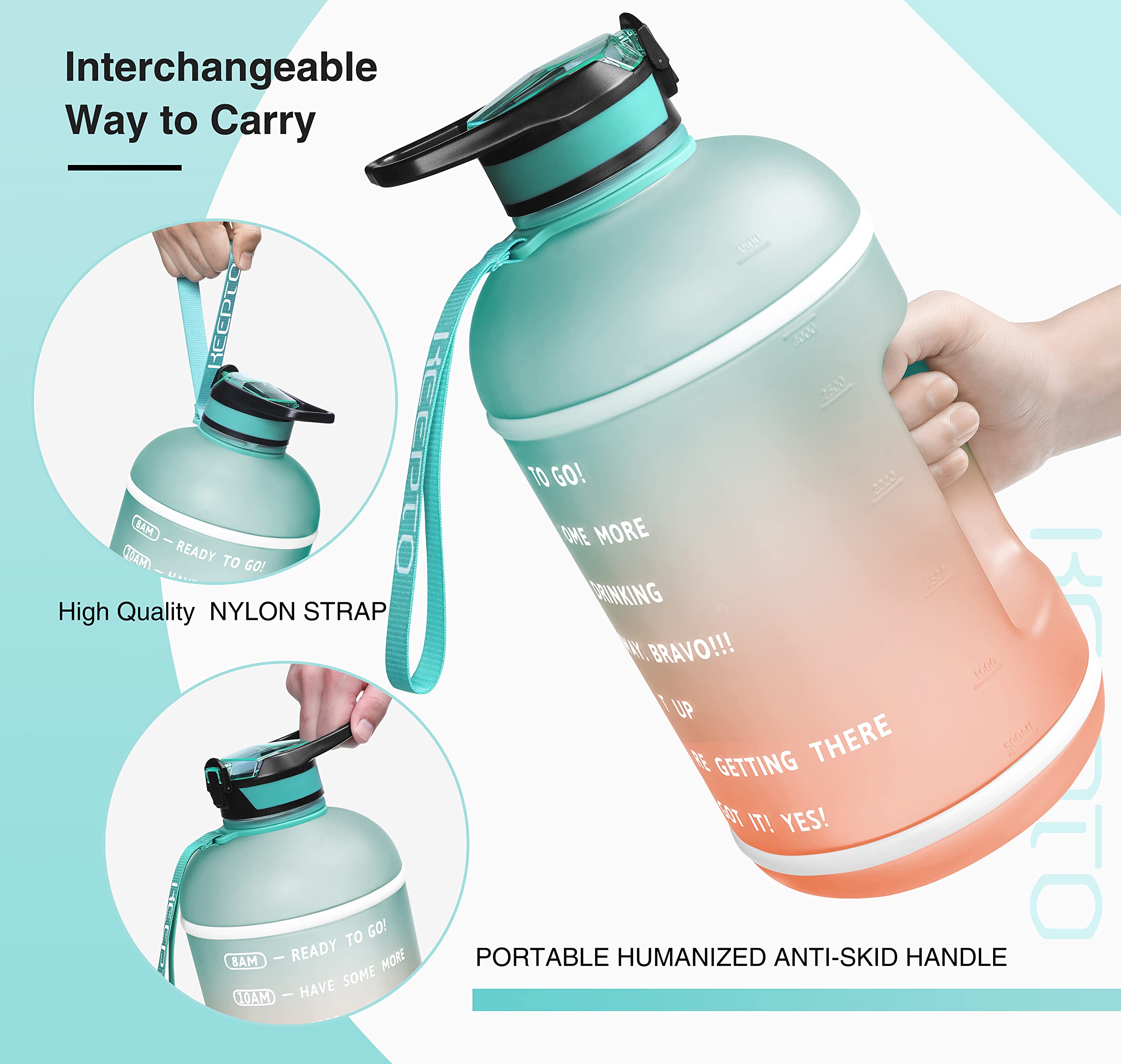 KEEPTO 1 Gallon Water Bottle with Straw-Motivational Water Jug with Time Marker,Coral/Agategreen Ombre