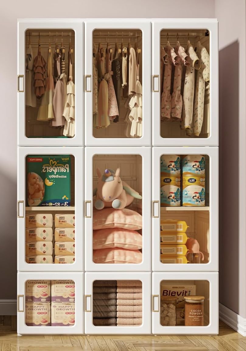 HAIS Portable Wardrobe Closet Storage Organizer Large Capacity 20" Deep Portable Plastic Closet Armoire (5 Cubes-3 Hanging Rods) Collapsible Foldable Organizer Cloakroom Wardrobe Magnetic Doors