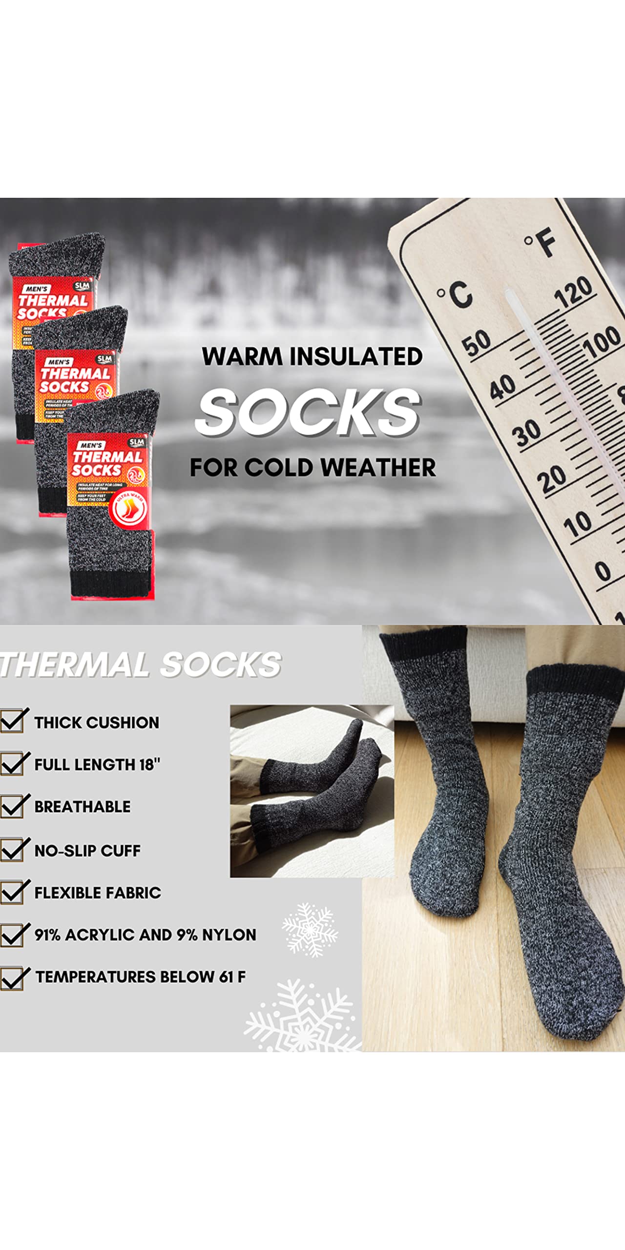 Heated Sox Men's 3 Pairs of Insulated Thermal Socks Size 10-13