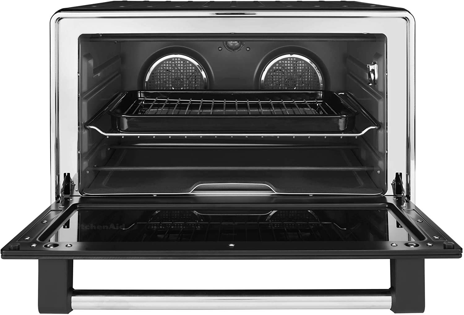 KitchenAid KCO255BM Dual Convection Countertop Toaster Oven, 12 preset cooking functions to roast, bake, fry meals, desserts, grill rack, baking pan, Digital display, non-stick interior, Matte Black (RENEWED)