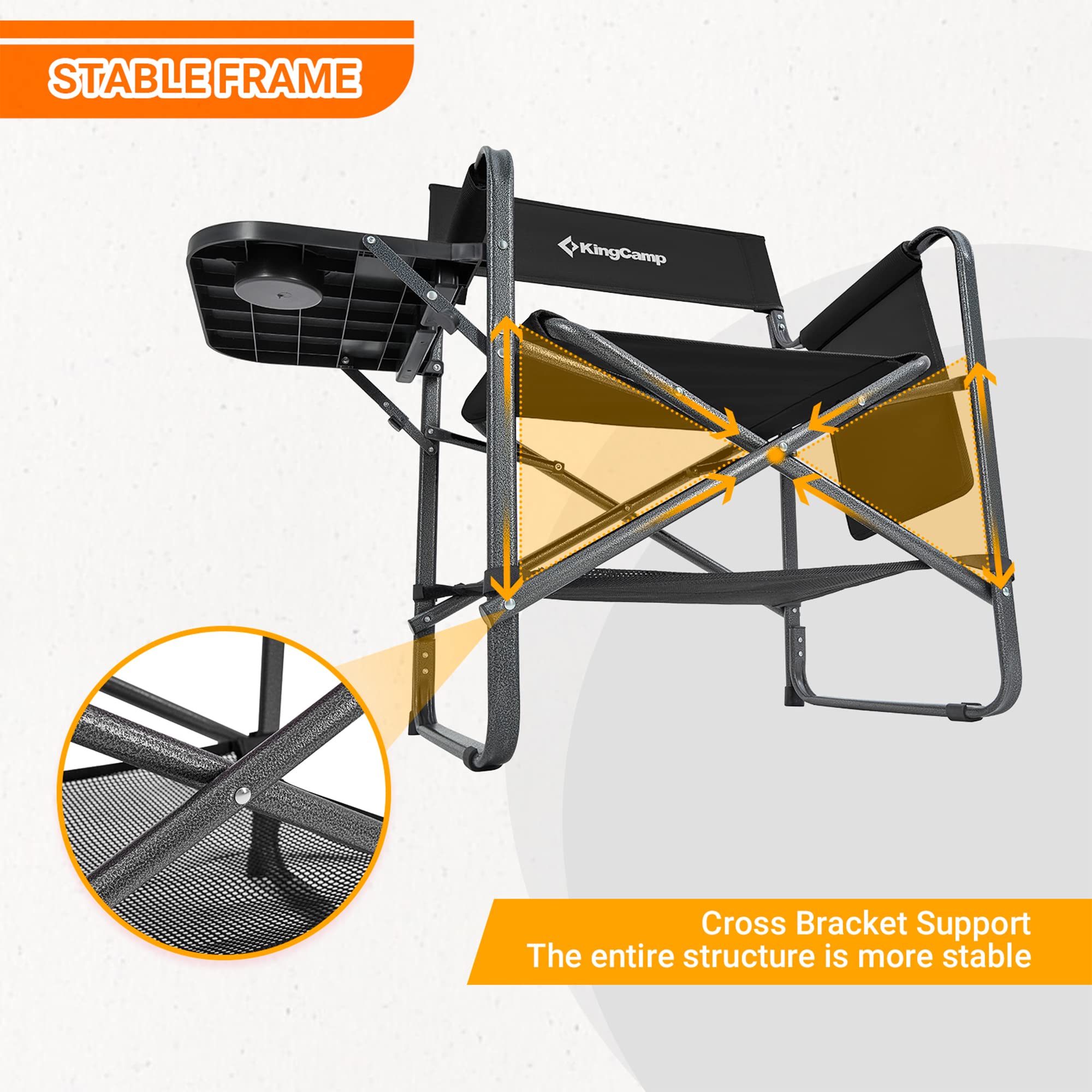 KingCamp Premium Extra Heavy Duty Wide Camping Directors Chairs Supports 300lbs for Adults, Padded Folding Portable Camping Chair with Side Table Storage Pockets Carry Straps, Black
