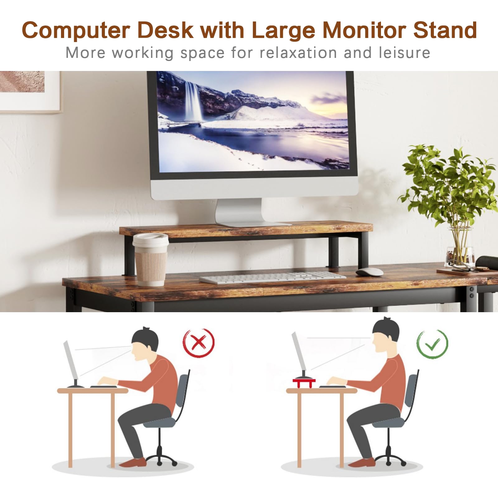 HEEYUE Computer Desk, Industrial Writing Desk with 2-Layer Storage Shelves and Headphone Hook, PC Laptop Table with Monitor Stand,Gaming Desk for Home Office (Rustic Brown)