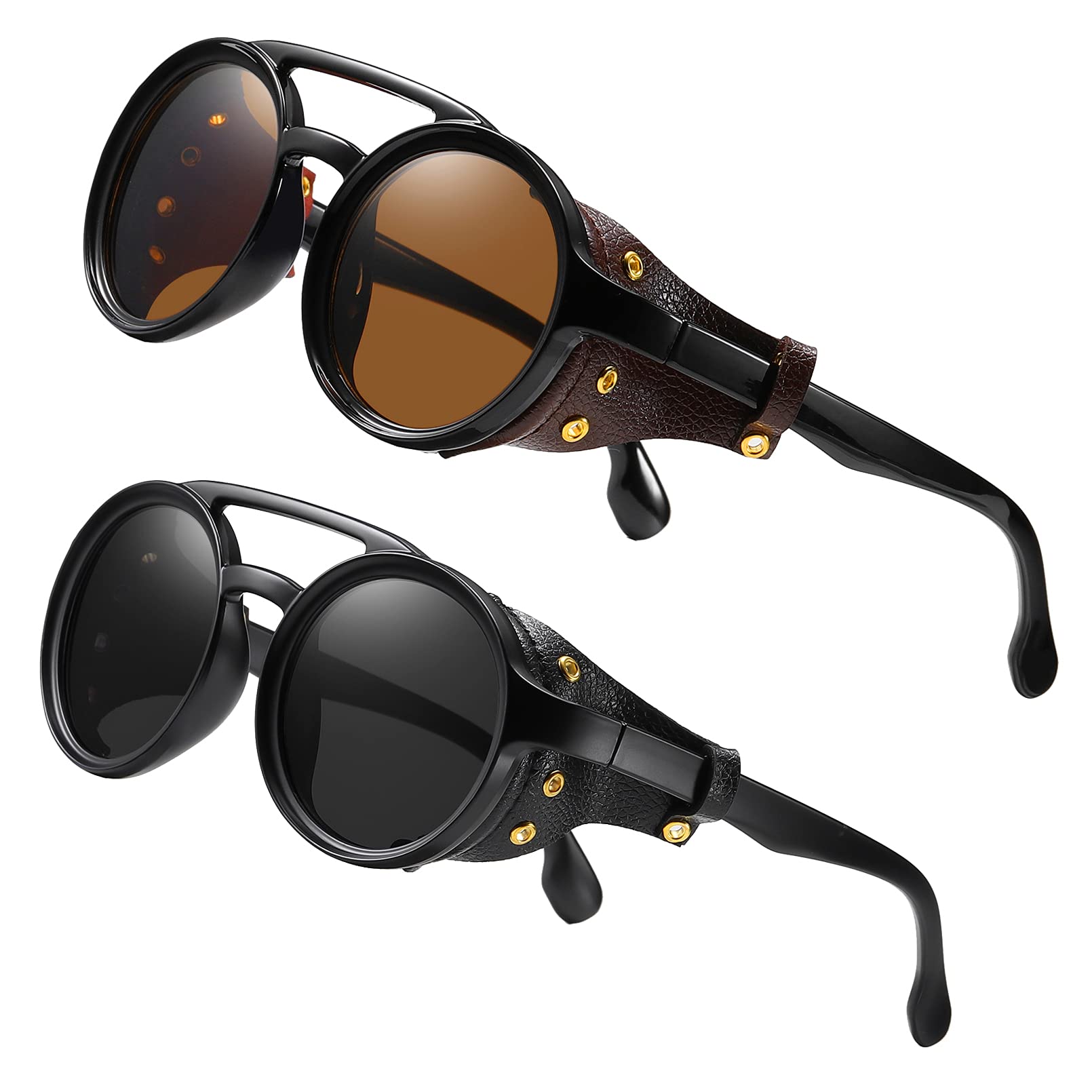 KEITHION Steampunk Style Round Vintage Sunglasses Retro Eyewear For Men Women With Leather Side Glasses (2pack-oneblack+onebrown)