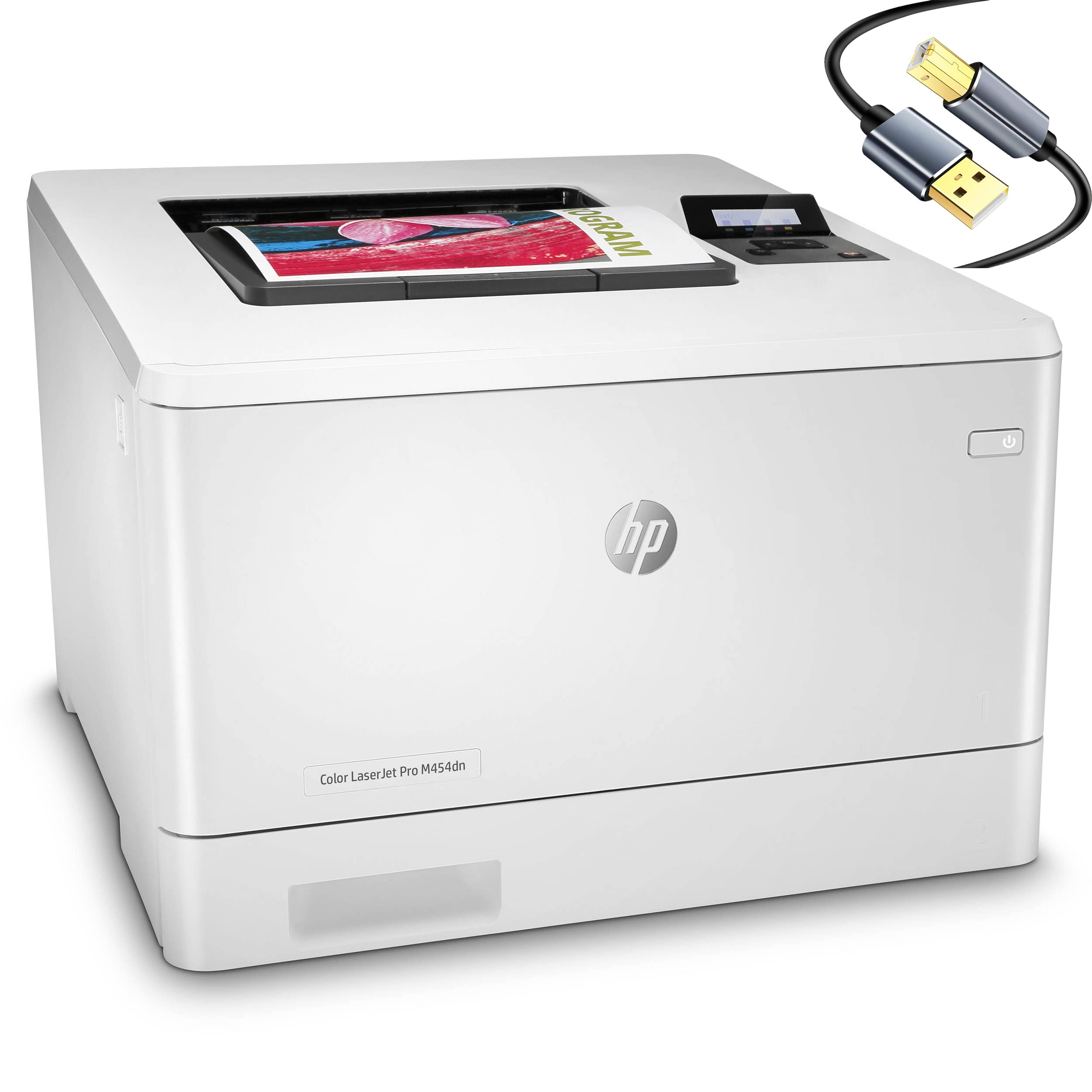 HP Color Laserjet Pro M454dn Wired Ethernet Laser Printer, White - Print only - 2-line Backlit LCD Display, 28 ppm, 600 x 600 dpi, 8.5 x 14, Auto Duplex Printing, Tillsiy Printer Cable