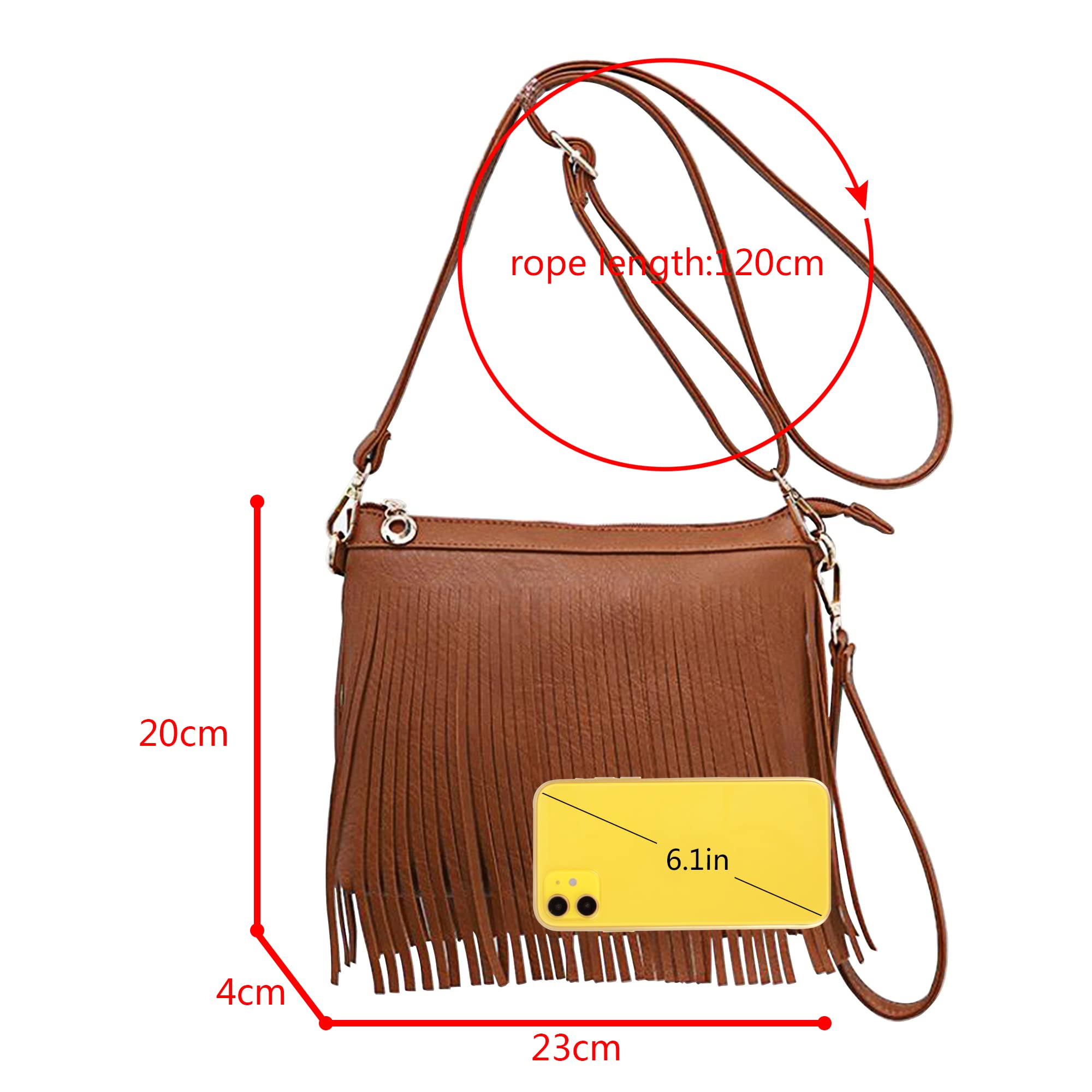 Hyuyikuwol Womens Fringe Messenger Bag Wrist Strap Shoulder Crossbody Bag Satchel PU Leather, Brown