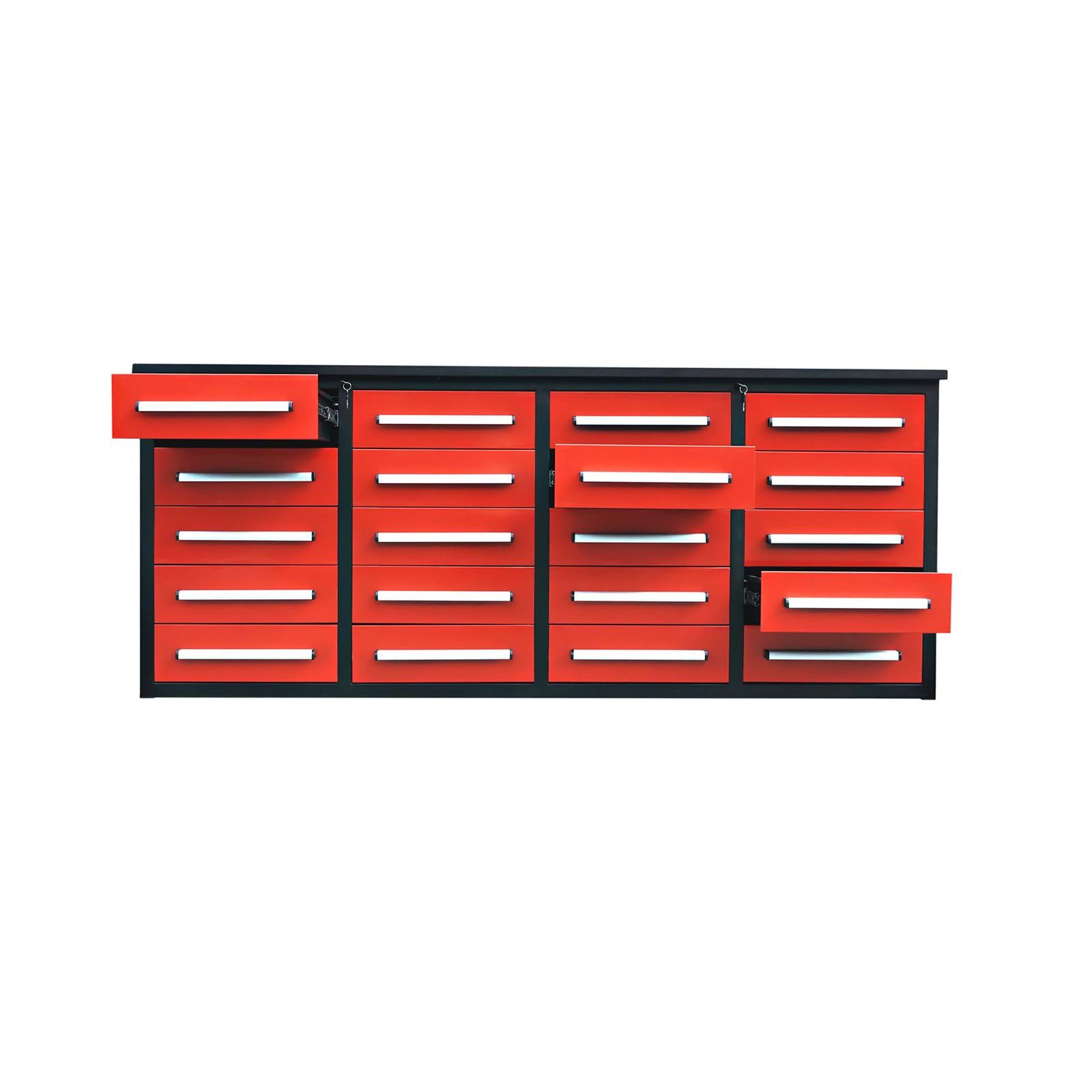 TTBKA Product Dimensions:87"x23"x39", 7' Garage Storage Cabinets with Workbench 20 Drawers High Capacity, All Welded Steel, 3 Rail Sliding, Heavy-Duty Double Slides on Large Drawers