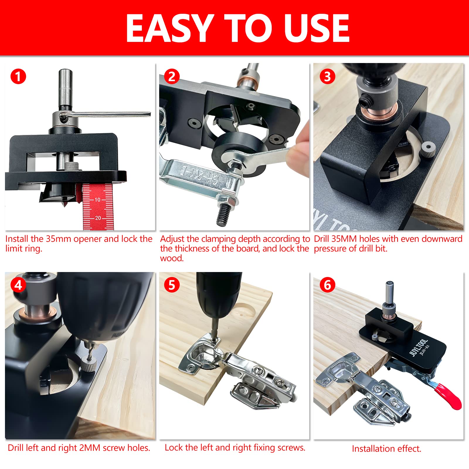 JUYLTOOL 35MM Concealed Hinge Jig, Aluminum Alloy Hinge Hole Drilling Jig Wood Puncher Locator Woodworking Tool Drilling for Door Cabinets Hinges Mounting