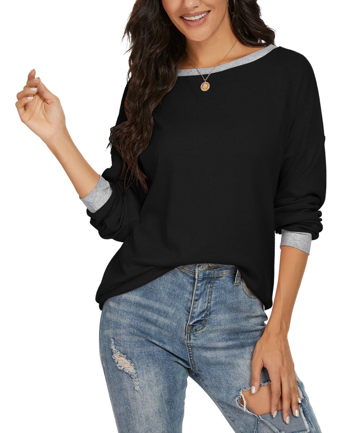 JINKESI Women Long Sleeve Tops Color Block Sweatshirts Round Neck Loose Tunic Top Black-X-Large