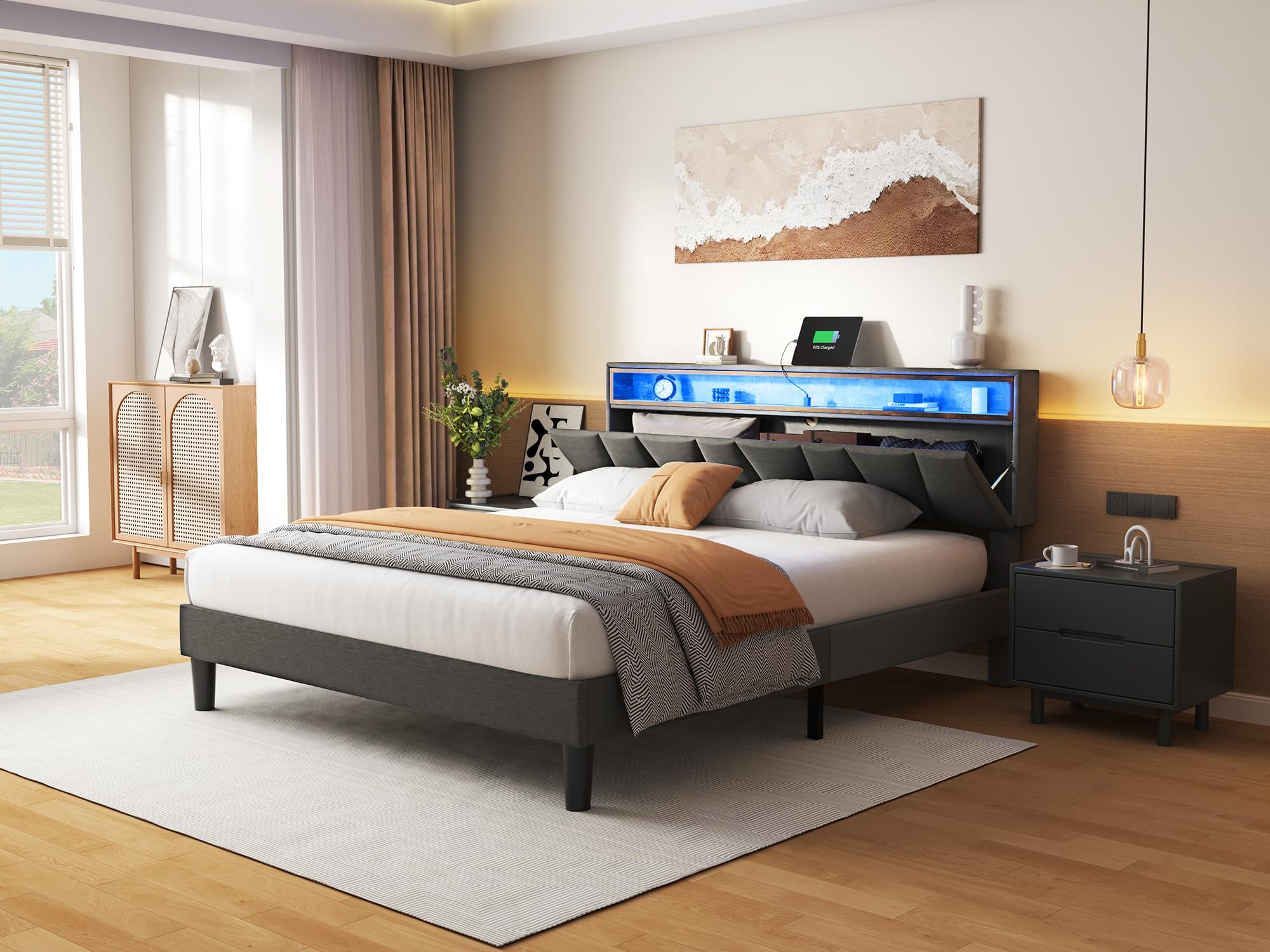 YITAHOME Queen Size Bed Frame, LED Bed Frame with Storage Bookcase Headboard, Upholstered Platform Bed with Charging Station, No Box Spring Needed, Easy Assembly, Grey