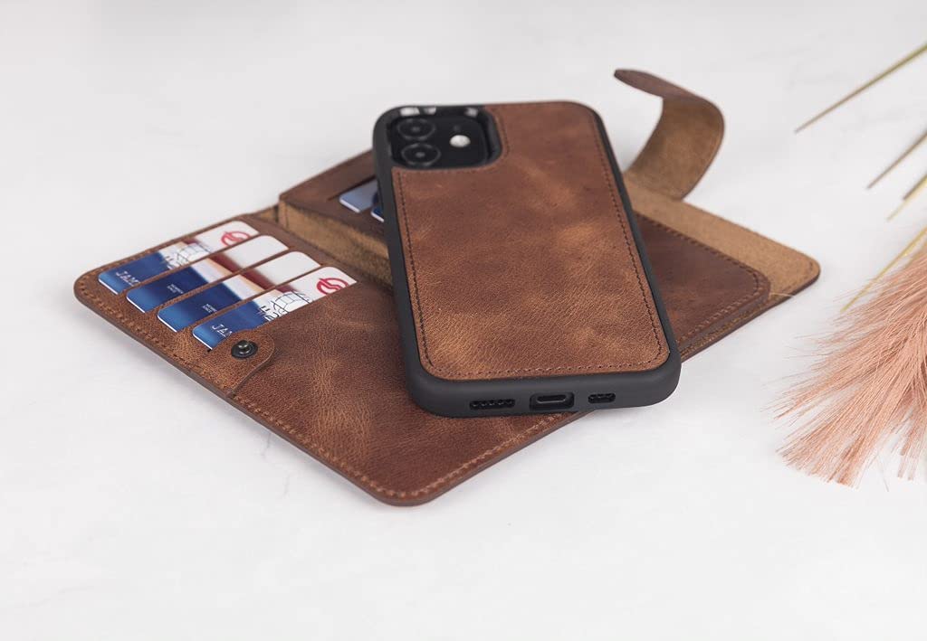 HARDISTON Premium iPhone XR Bi-Fold Wallet Case, Handmade Genuine Leather, Detachable Magnetic Flip Cover with Card Holders, Customizable, Double Fold Phone Case, Kickstand, Wireless Charging (Brown)