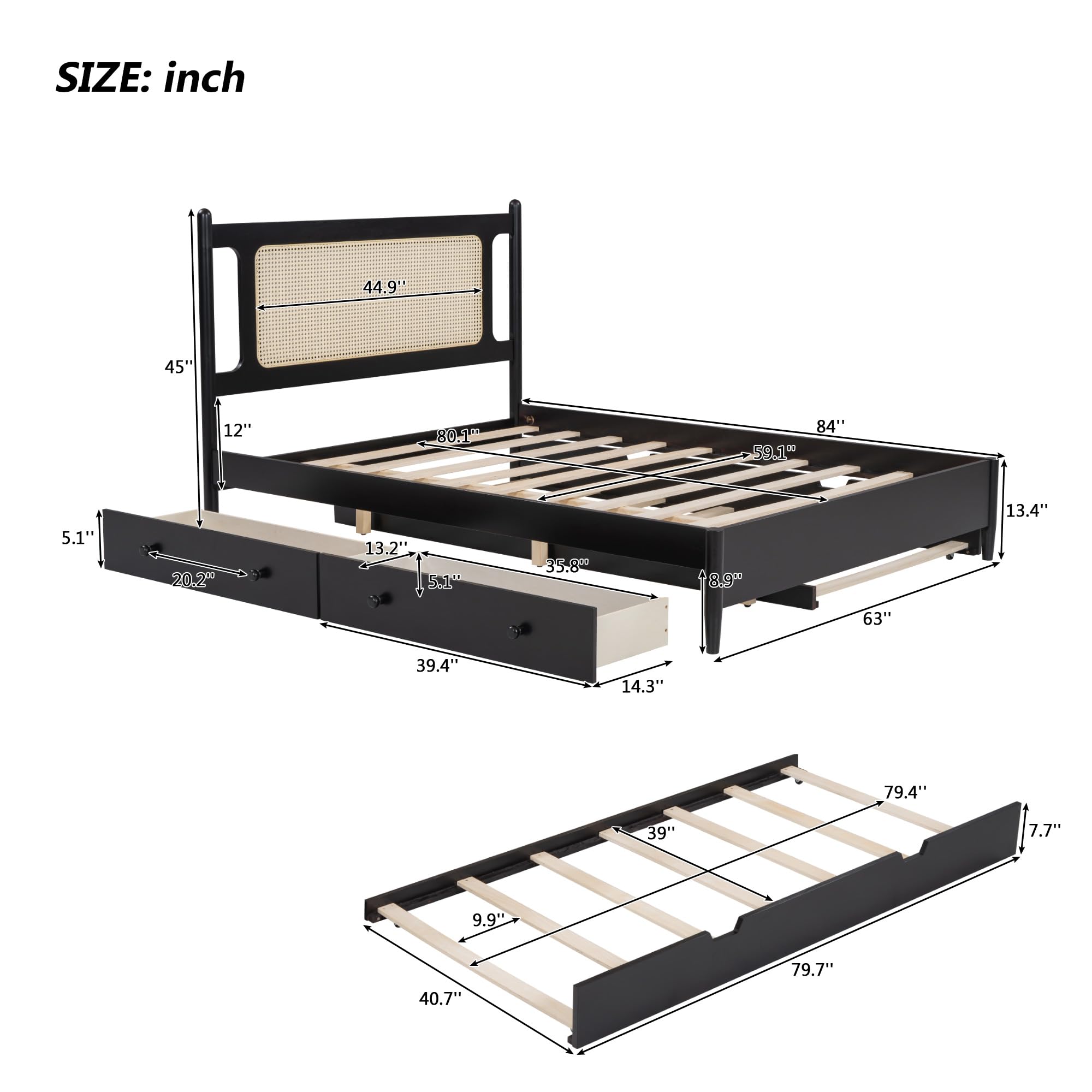 SOFTSEA Queen Size Rattan Bed, Platform Bed with Storage Drawers and Trundle, Wood Platform Bed with Rattan Headboard, No Box Spring Needed, Brown