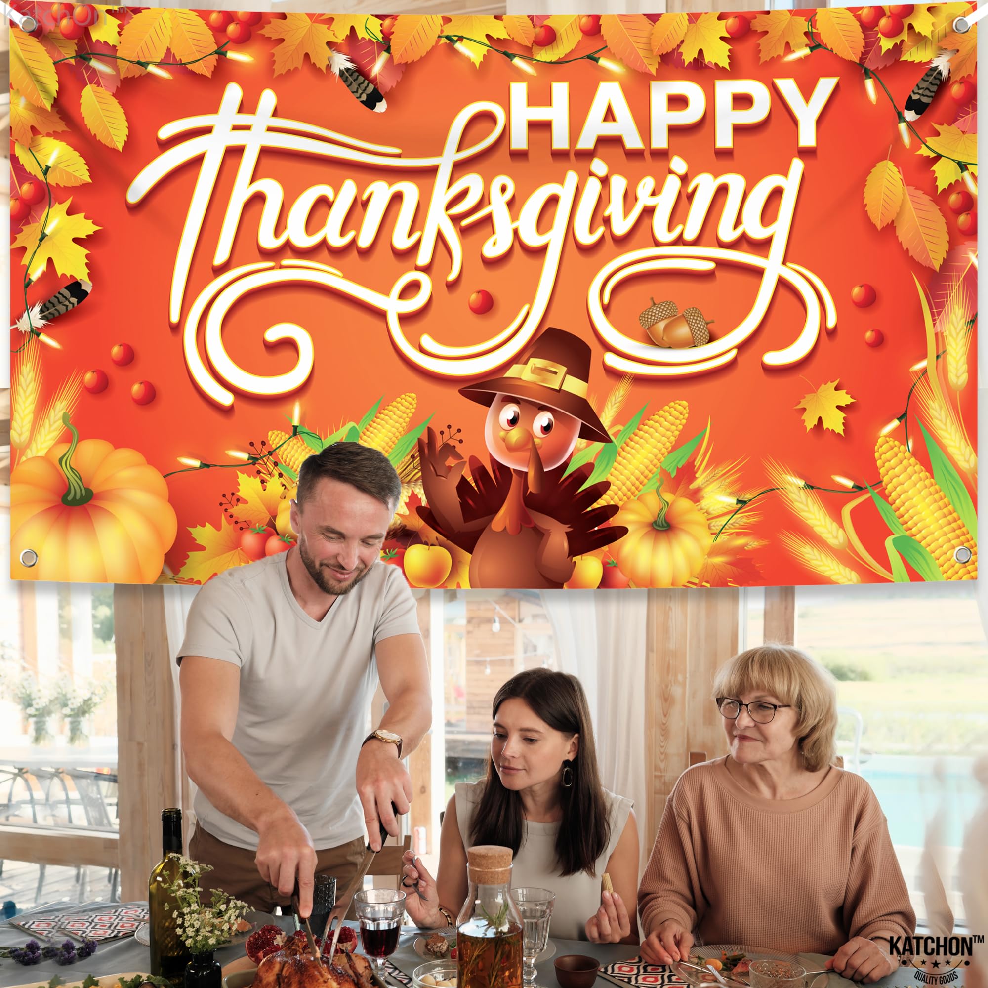 KatchOn, Happy Thanksgiving Banner - XtraLarge, 72x44 Inch | Happy Thanksgiving Backdrop, Thanksgiving Decorations Banner | Thanksgiving Party Decorations, Fall Decorations | Thanksgiving Wall Banner