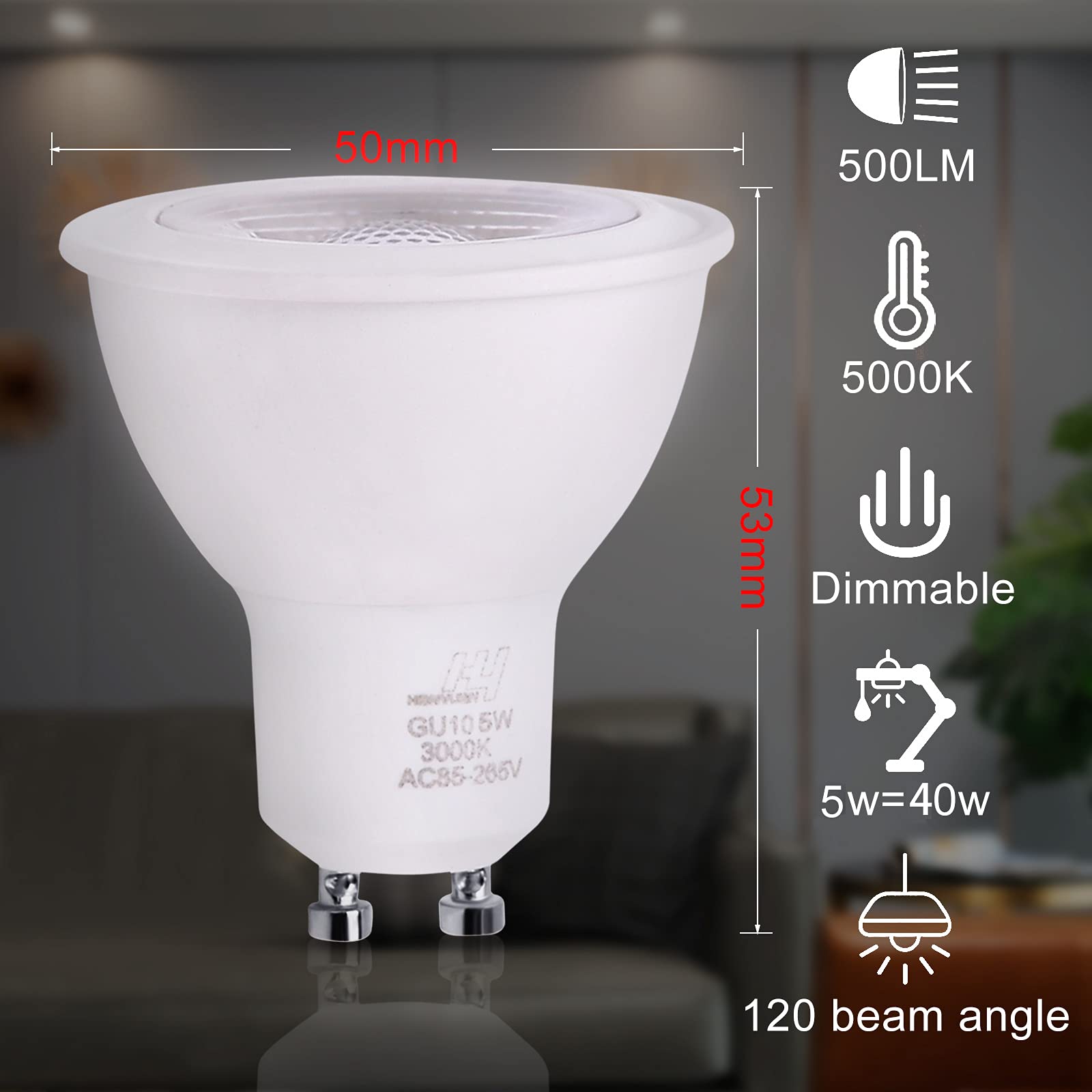 LED GU10 Flood Light Bulb, 40W Equivalent, 3000K Warm White Light, Instead of Halogen Bulb 2 Pin (Pack of 1), HY-DB
