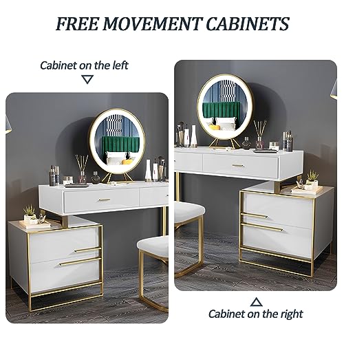 IKuinen Makeup Vanity - Vanity Set with Mirror and Lights, Women Dresser Table with Multifunctional Nightstand, 4 Drawer, Leather Wrapped, Stool, Minimalist and Stylish Dressing Table - 47.2In/White