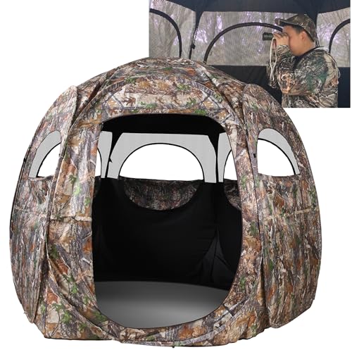 HUNT MONSTER Hunting Blind 1-3 Person,300 Degree See Through Pop up Ground Blinds for Deer Turkey Duck Hunting, Bow Hunting Accessories, Double Side Zipper Window (Camo-Light Brown)