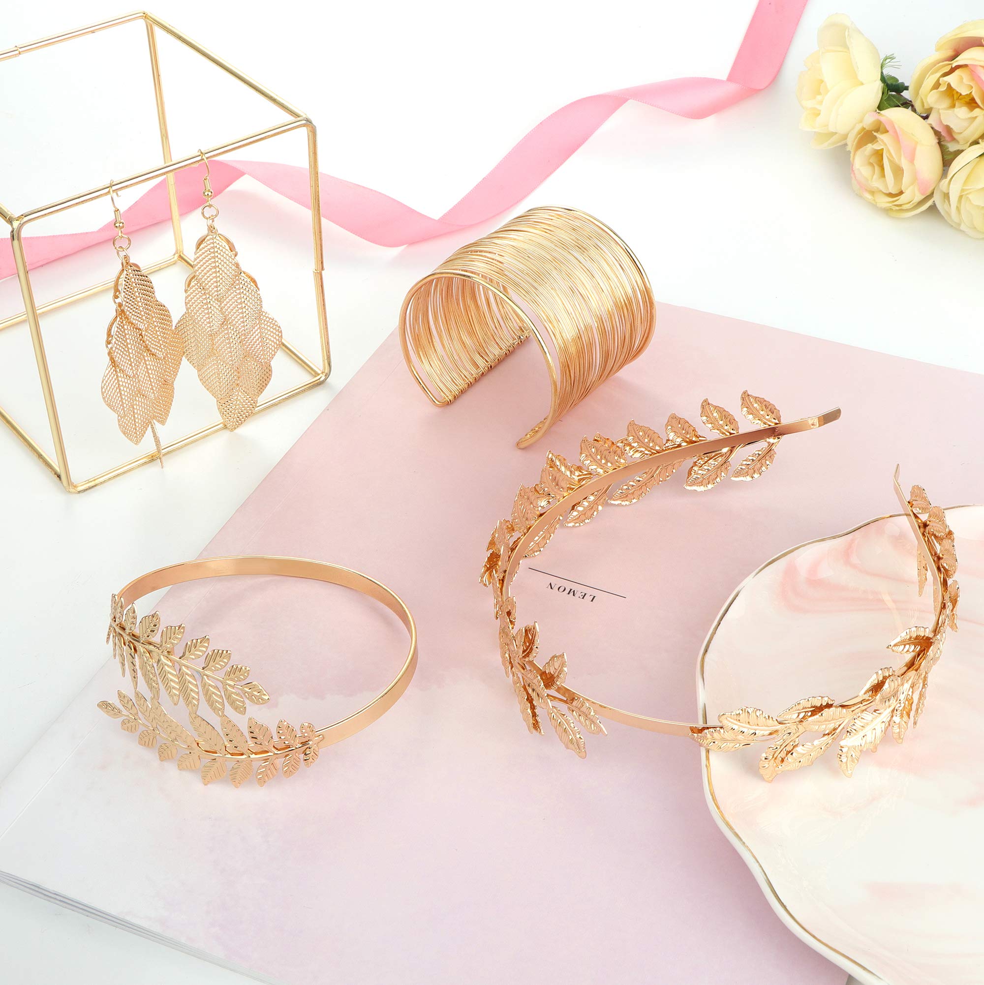 Jstyle Grecian Goddess Costume Accessories Set for Women Leaf Headband Coil Upper Arm Bracelet Dangle Earrings for Wedding Toga Party