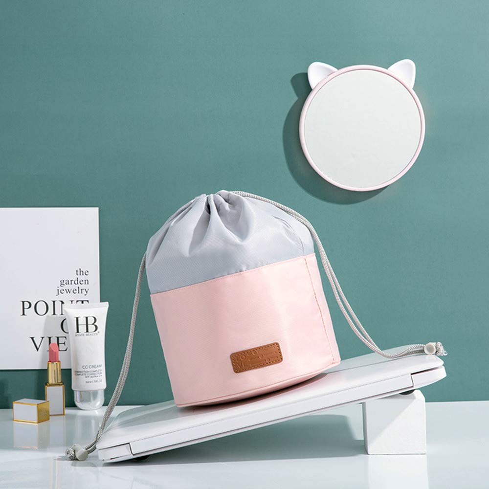 HOYOFO Drawstring Makeup Bags Travel Barrel Cosmetics Bag Brush Organizer Waterproof Toiletry Kit Storage Pouch, Grey