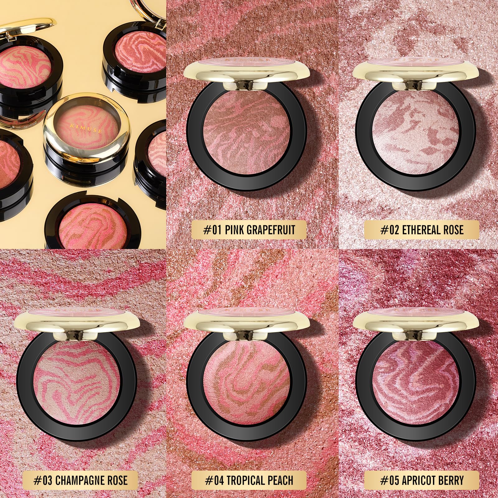 KIMUSE Baked Blush, Lighting Glow Marbleized Blush Powder Blush, Contour & Highlight Face for a Creamy Lightweight Natural Finish