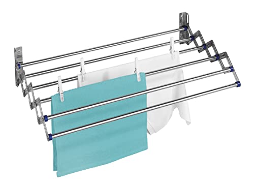 WENKO Seche-linge télescopique - longueur de séchage 3,3 m, extensible, résistant aux intempéries, montage mural, Acier inoxydable, 70 x 12.5 x 11-35 cm, Argent brillant